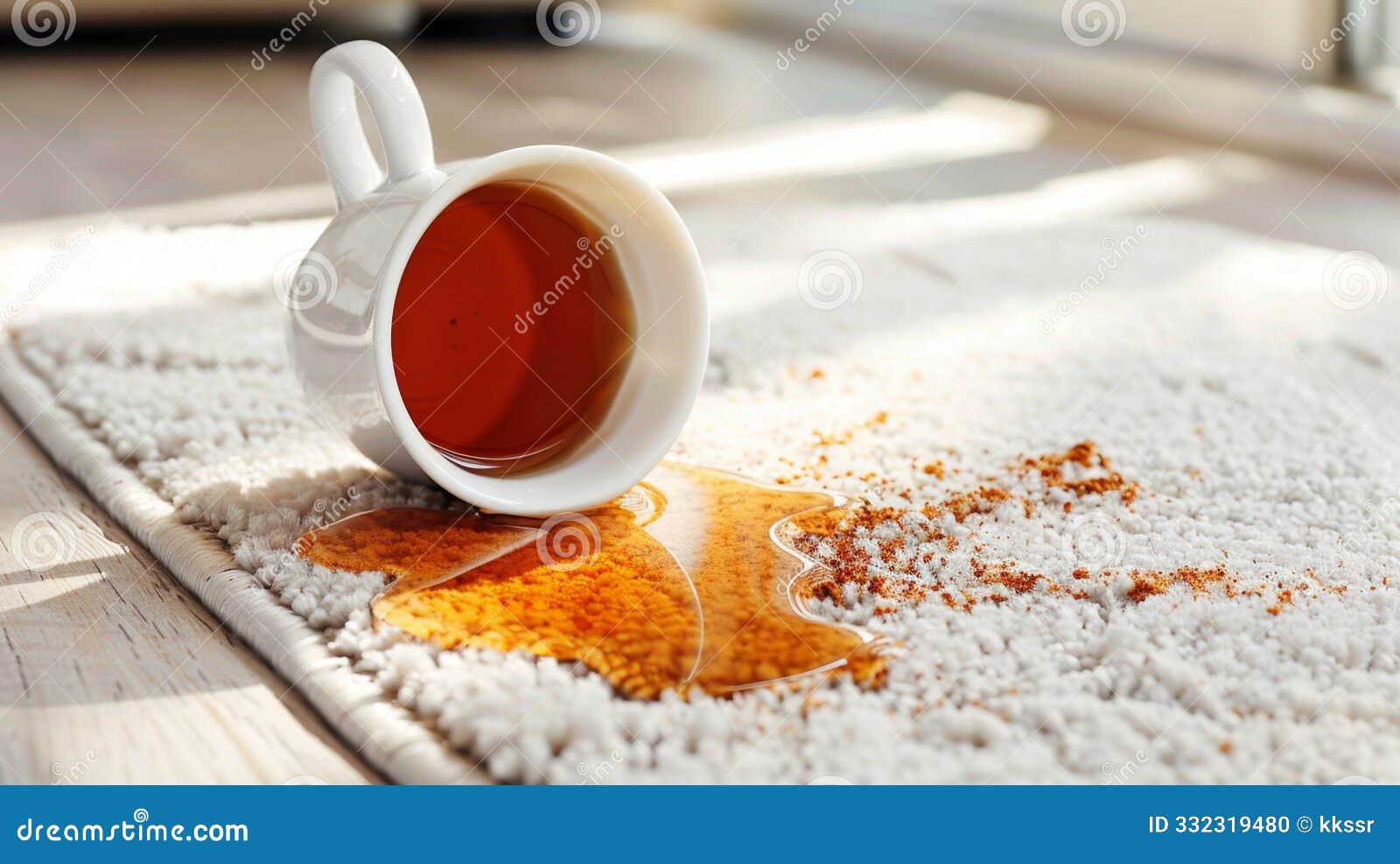 Closeup of Overturned Tea Cup with Spilled Tea on White Carpet. Mess ...
