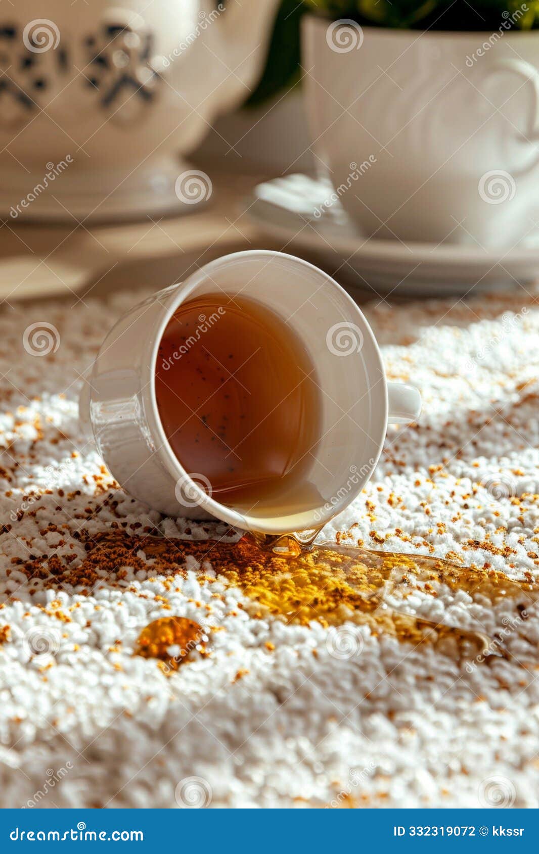 Closeup of Overturned Tea Cup with Spilled Tea on White Carpet Surface ...