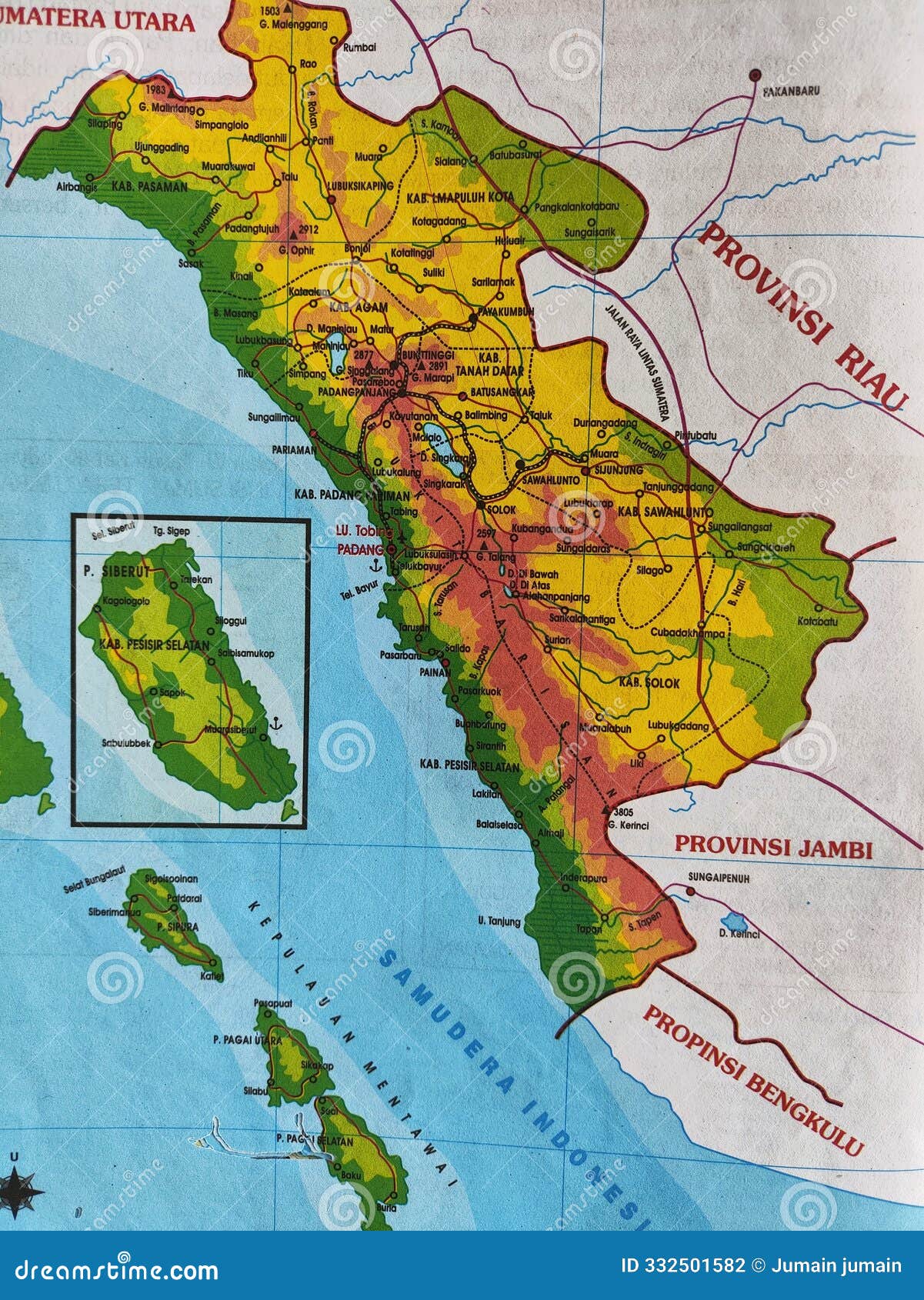 Padang Map and Major Cities Around it on Physical Map Stock Photo ...
