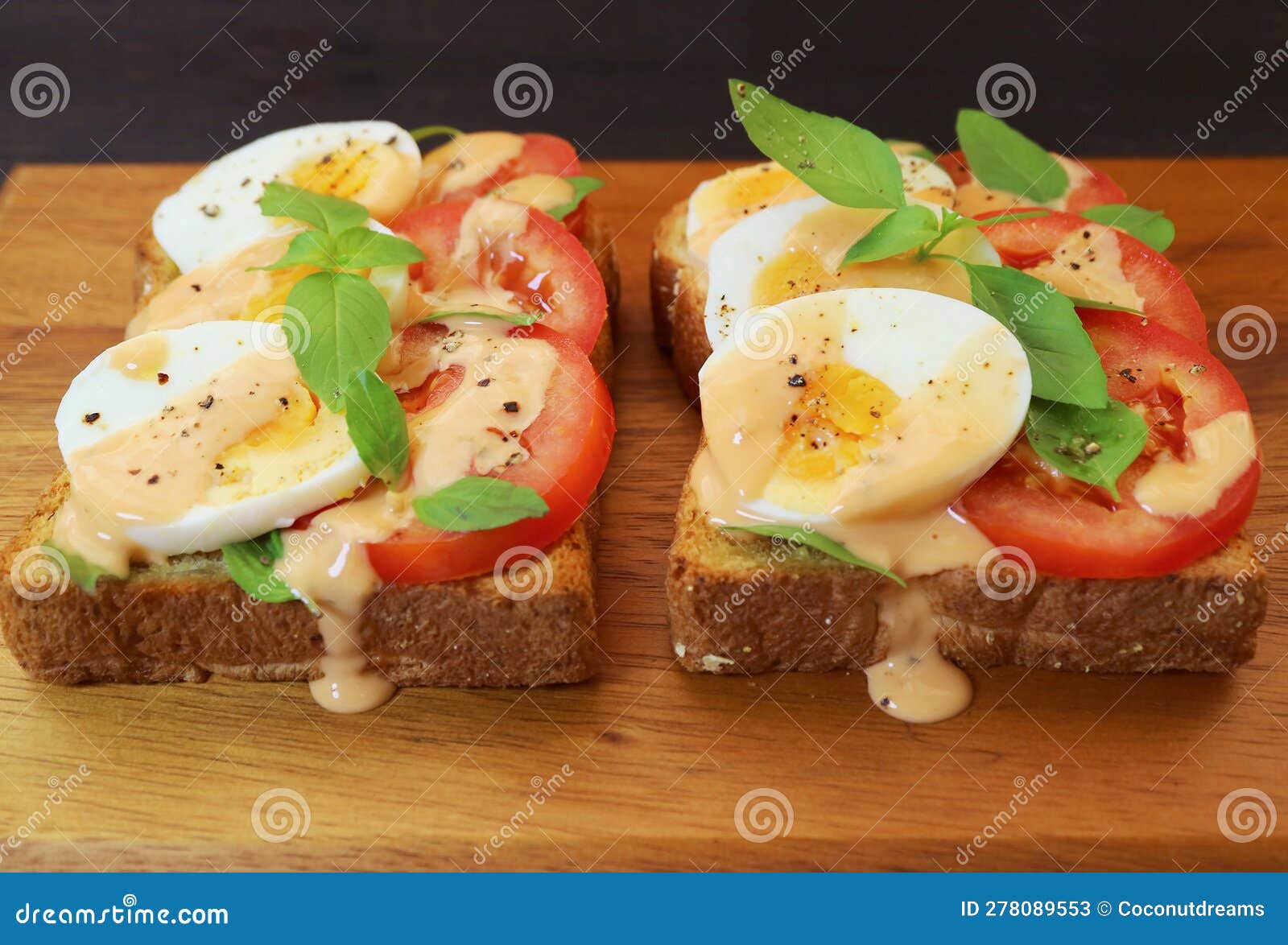 Pair of Delectable Hard Boiled Egg with Tomato Basil Open Faced ...