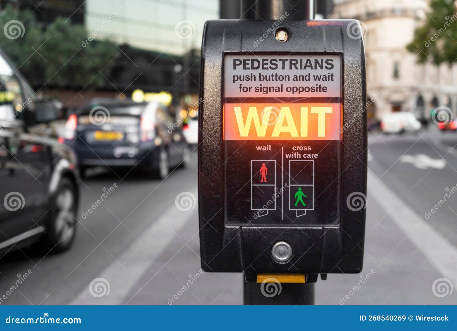 Closeup of a Pedestrian Button on the Road with Wait Writing, Traffic ...