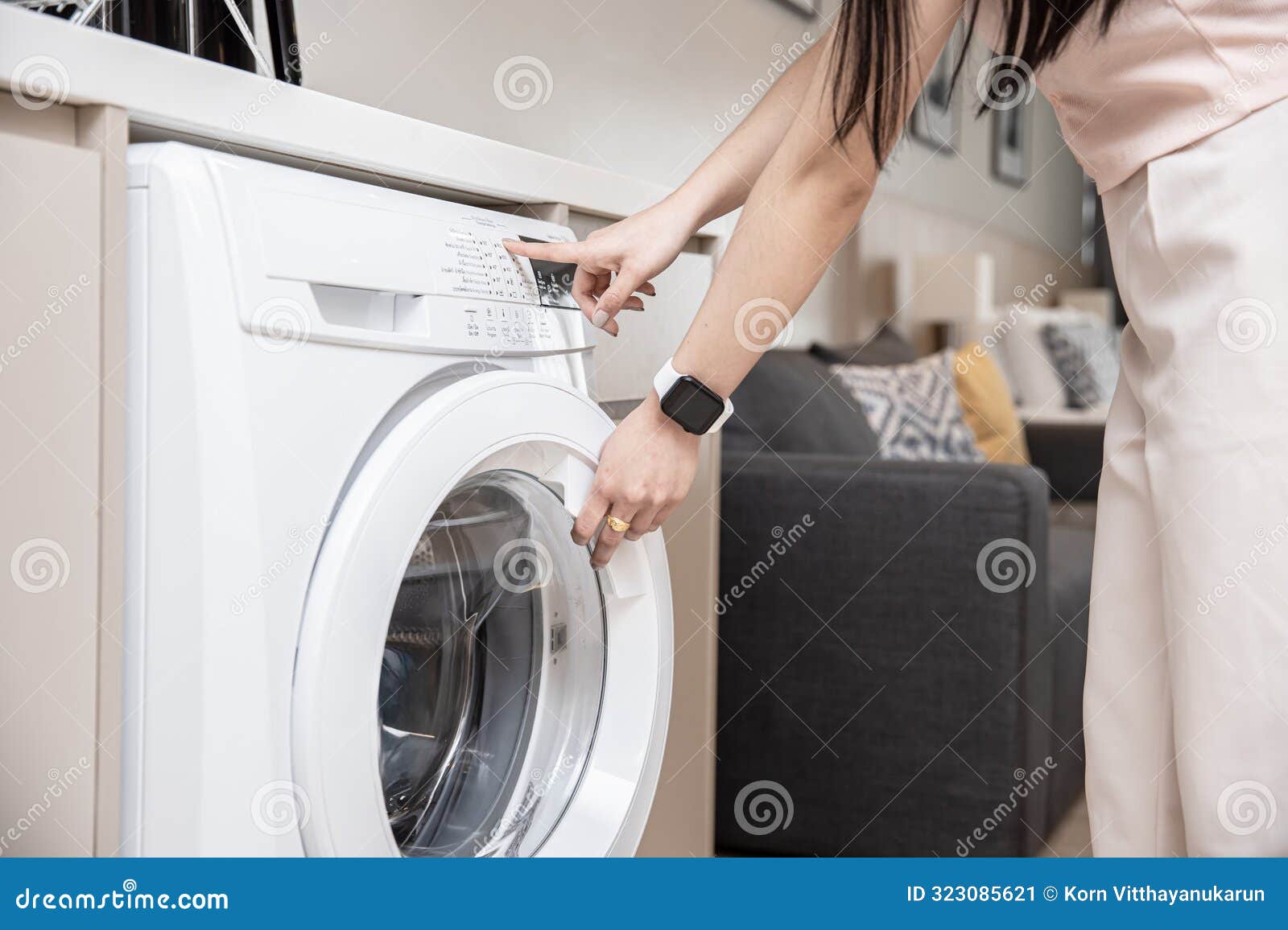 Closeup People Home House Maid Using Front Load Washing Machine Touch ...
