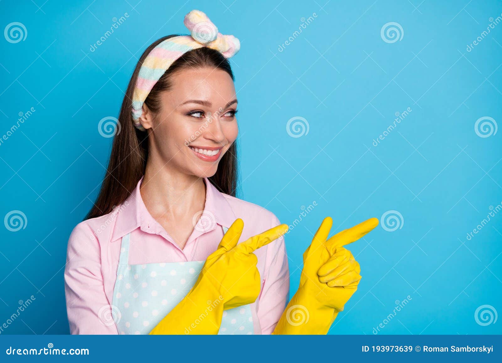 Closeup Photo Of Attractive Lady House Maid Latex Gloves Spring
