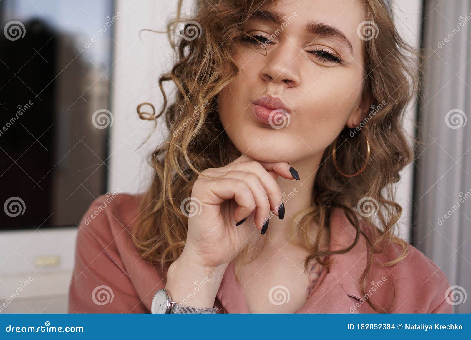 Beautiful Funny Pretty Curly Lady Positive Good Mood Sending Air Kisses