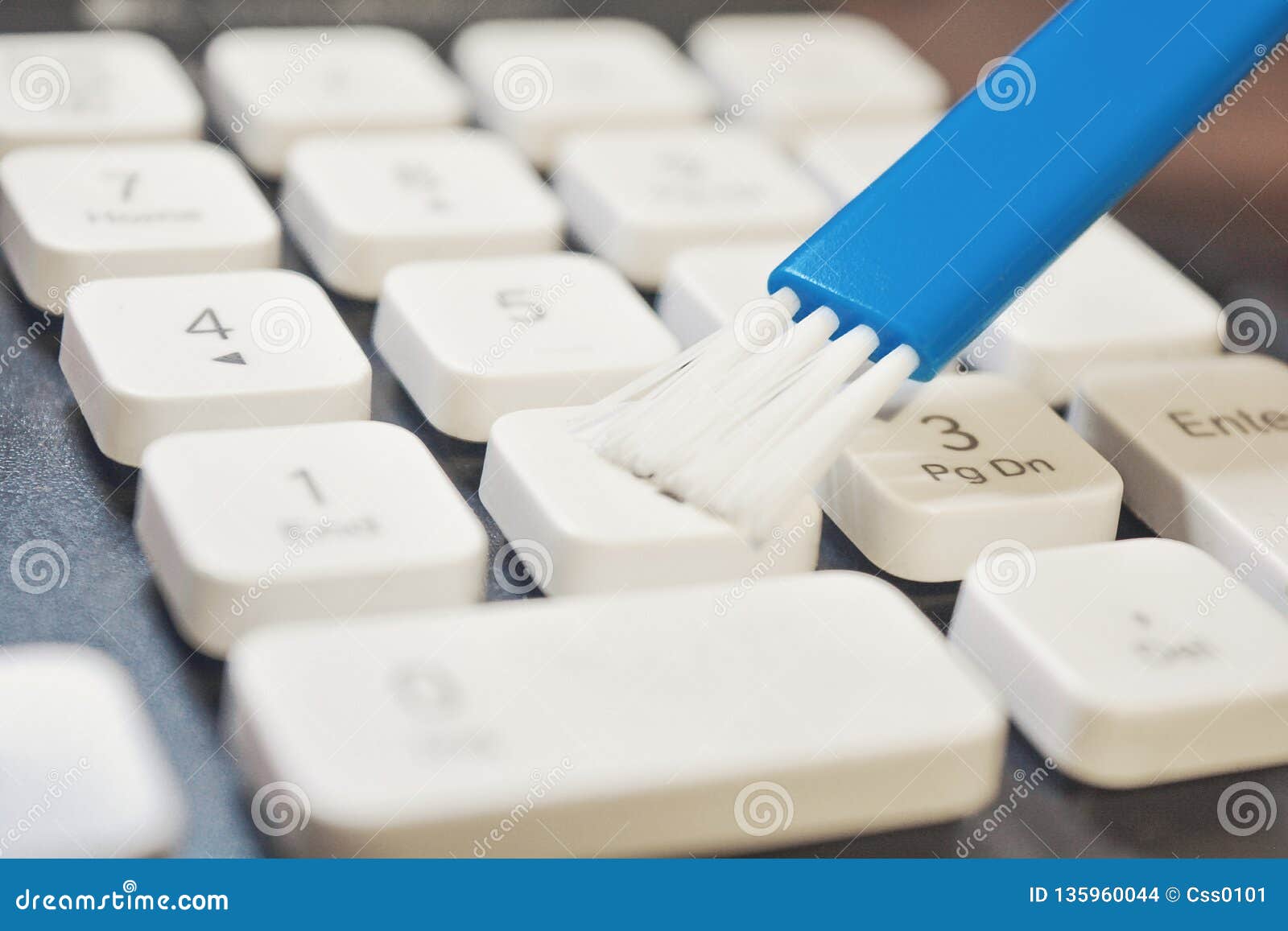 Closeup Photo of Cleaning the Keyboard with White Keys with a Blue ...