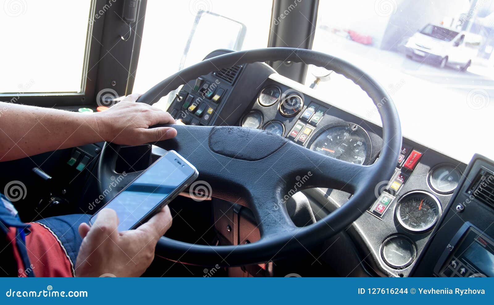 Closeup Image of Driver Holding Smartphone while Driving Bus Stock ...