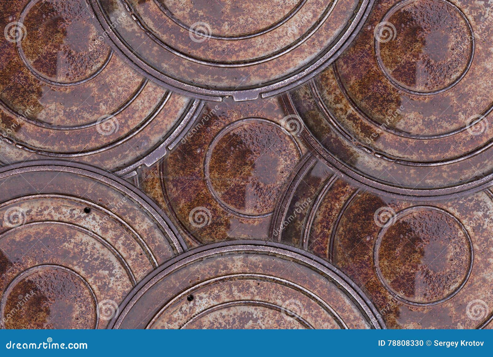 Closeup Photo of Old Sewer Rust Manhole Abstract Background. Rain Scene ...