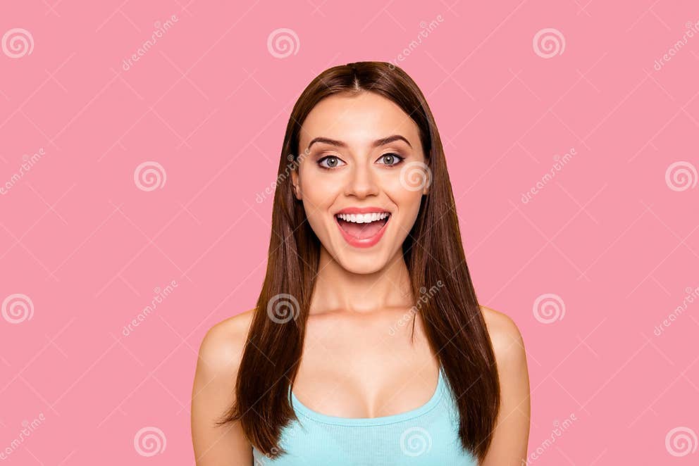Closeup Photo Portrait Of Pretty Attractive Beautiful With Open Mouth