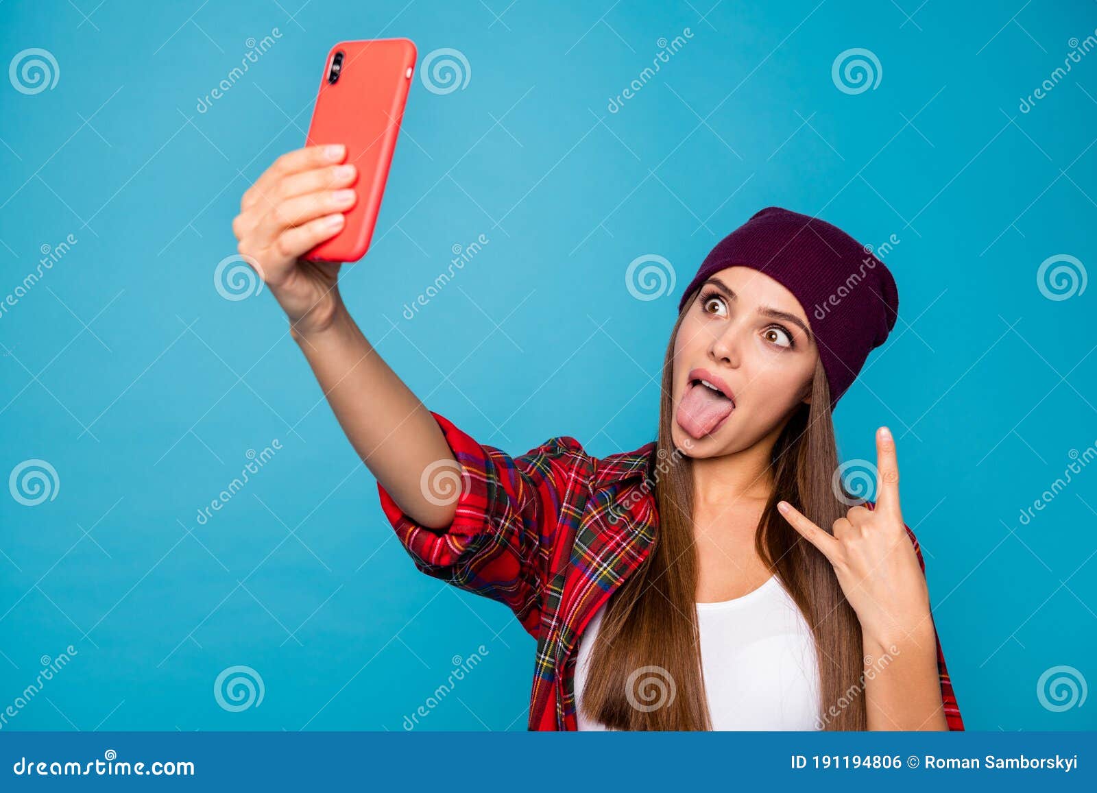 Closeup Photo Of Pretty Crazy Lady Hold Telephone Blogger Making