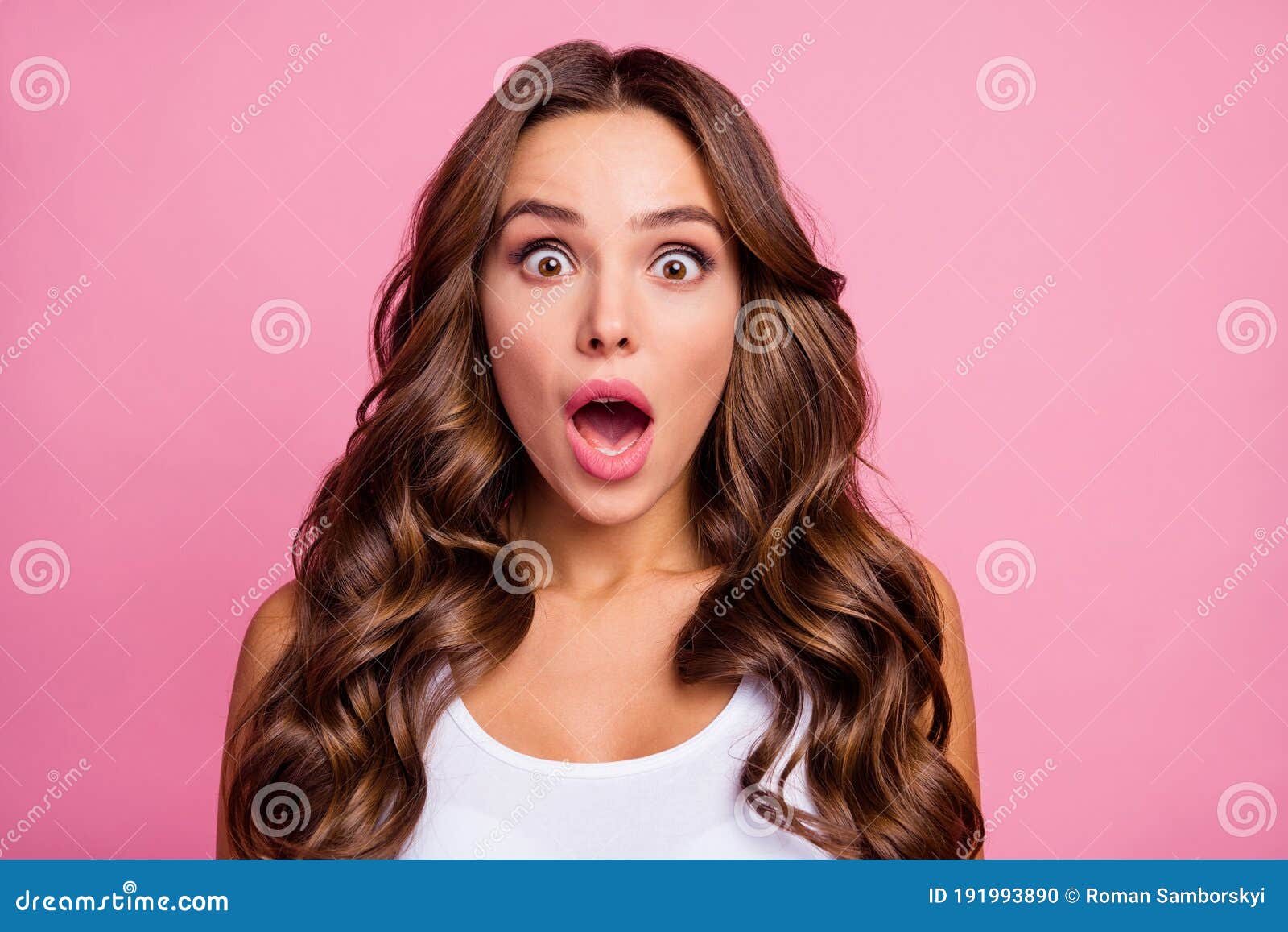 Closeup Photo Of Pretty Curly Lady Crazy Facial Expression Open Mouth