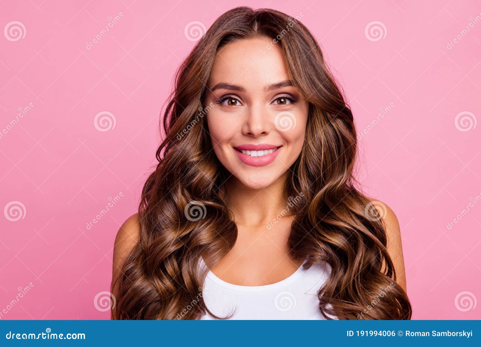 Closeup Photo Of Pretty Curly Lady Positive Cheerful Facial Expression