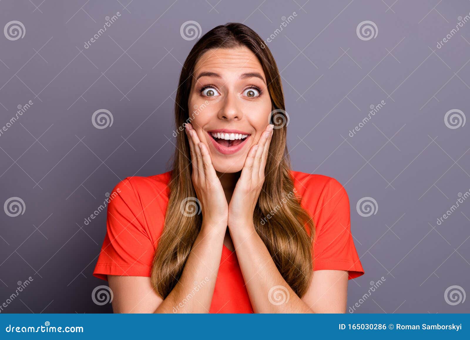 Closeup Photo Of Pretty Lady Toothy Beaming Smiling Listening Good News