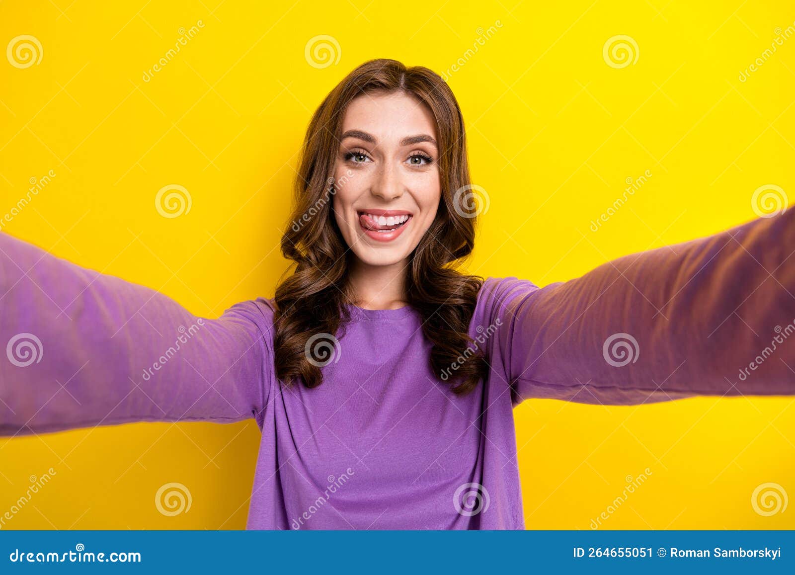 Closeup Photo Selfie Of Funky Excited Woman Curly Brown Hair Lick Teeth