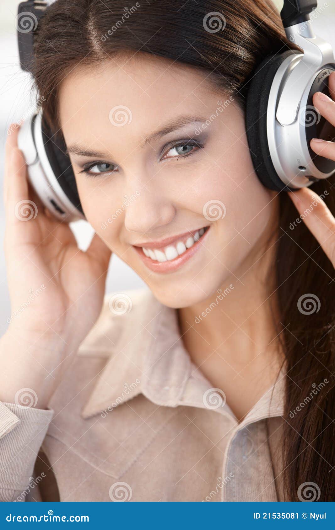 Closeup Photo Of Smiling Woman With Headphones Stock Image Image Of