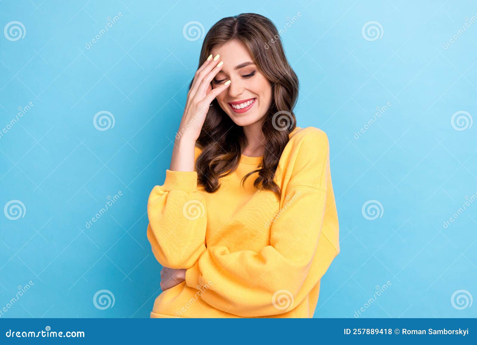 Closeup Photo Of Young Adorable Dreamy Pretty Girlish Lady Toothy Smile