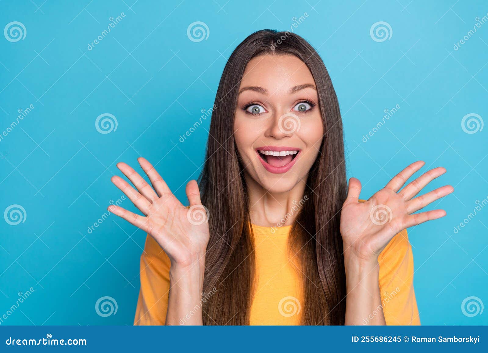 Closeup Photo Of Young Funny Pretty Cute Woman Wear Yellow T Shirt