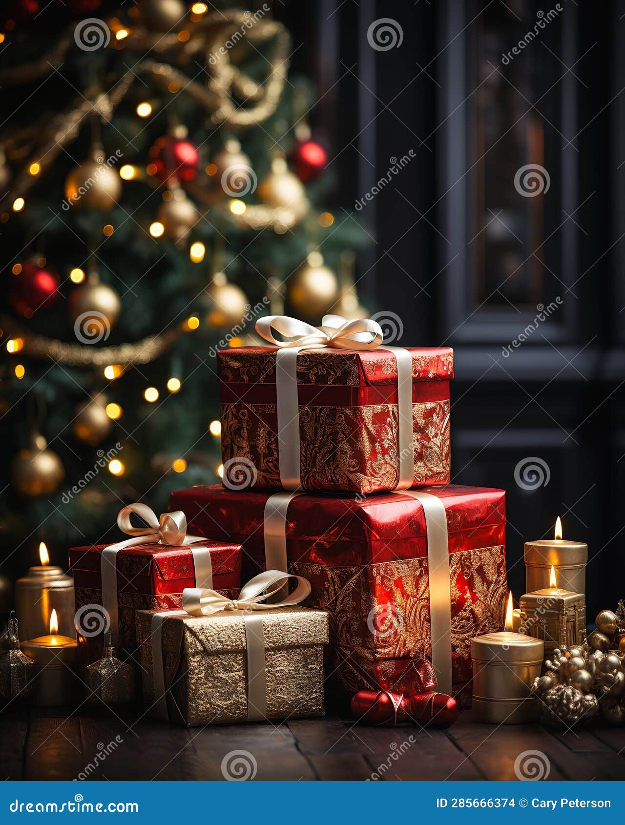 Closeup of a Pile of Presents on a Table with a Tree in the Back Stock ...