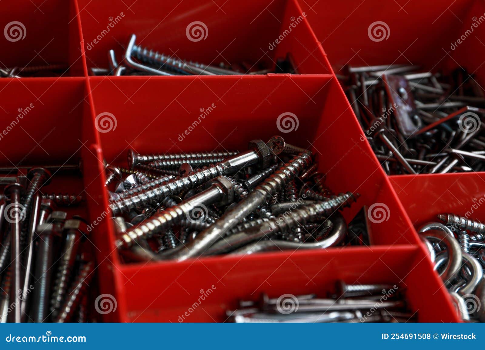 Closeup of a Pile of Screws in a Red Box. Stock Photo - Image of shape ...