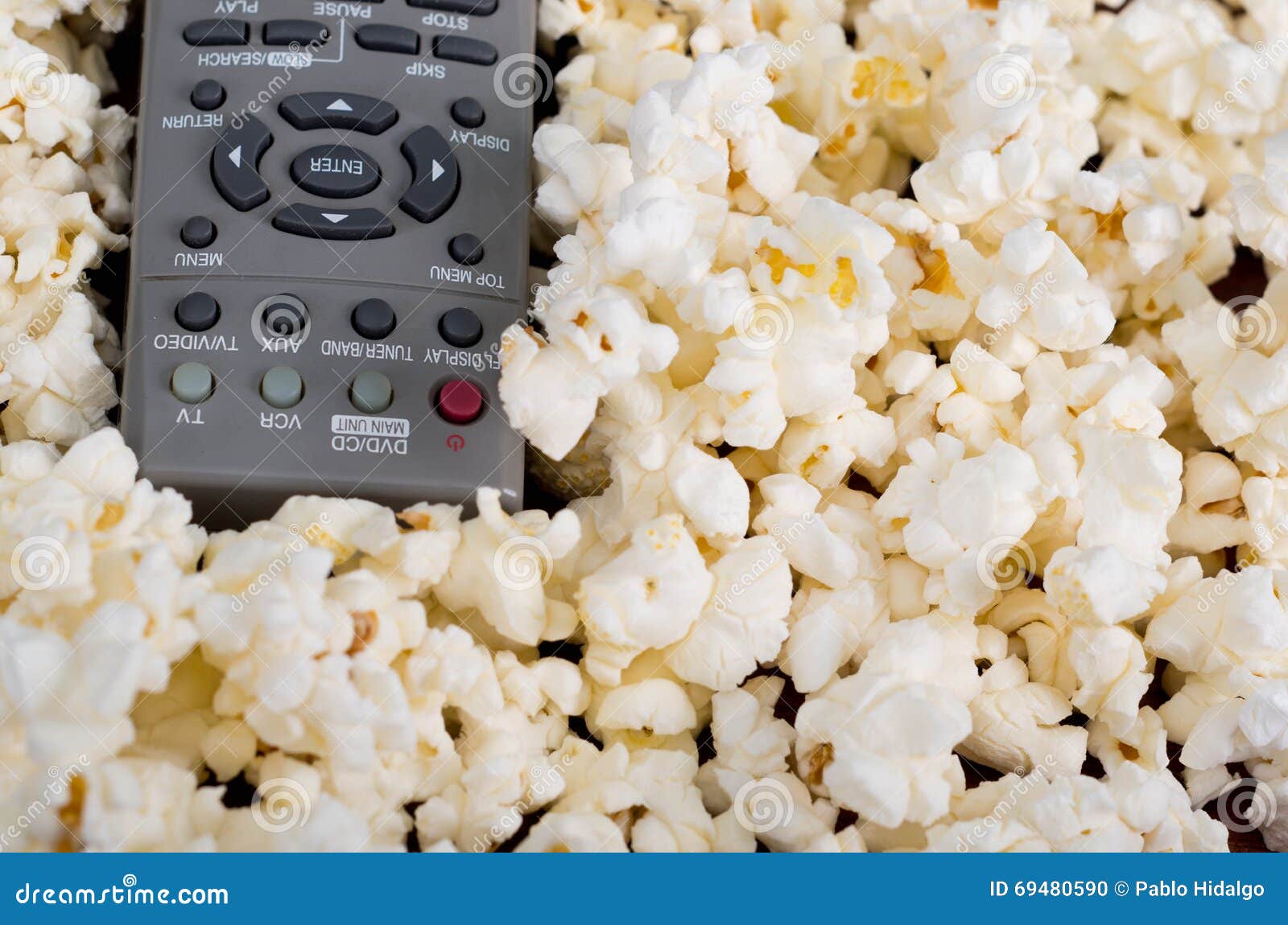 Closeup Pile of White Fluffy Popcorn with Tv Remote Control in the ...
