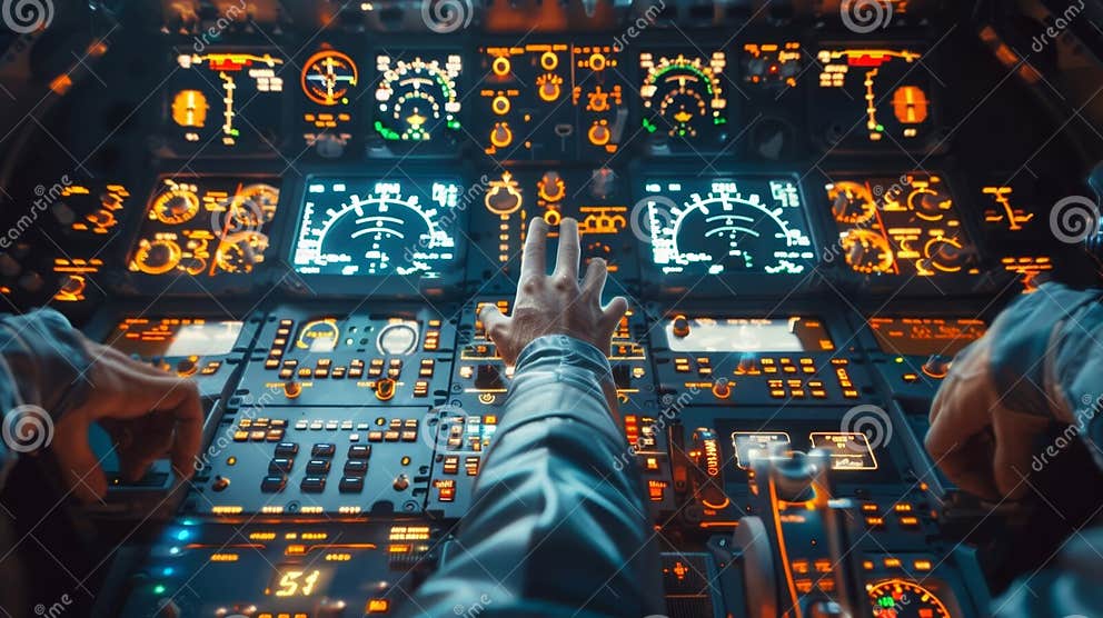 A Closeup of the Pilots Hands on the Control Panel Surrounded by ...