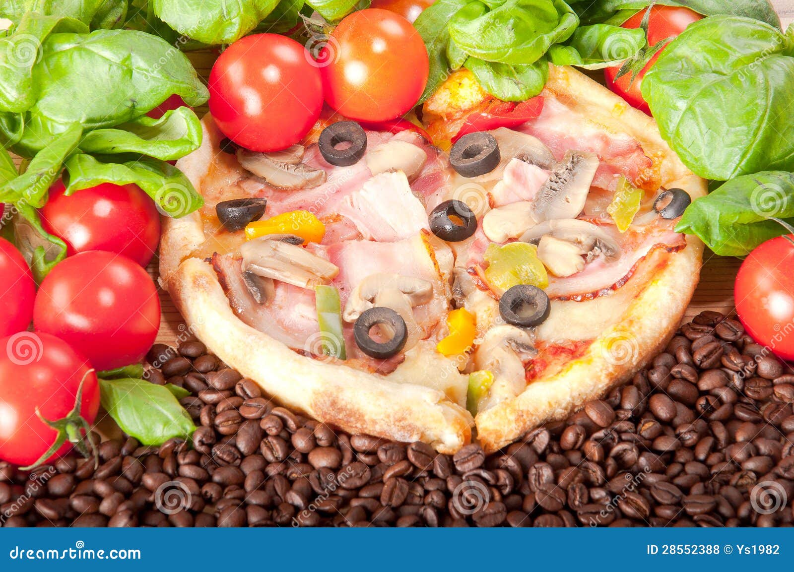 Closeup of Pizza with Coffee Beans, Tomatoes, Cheese and Basil Stock ...
