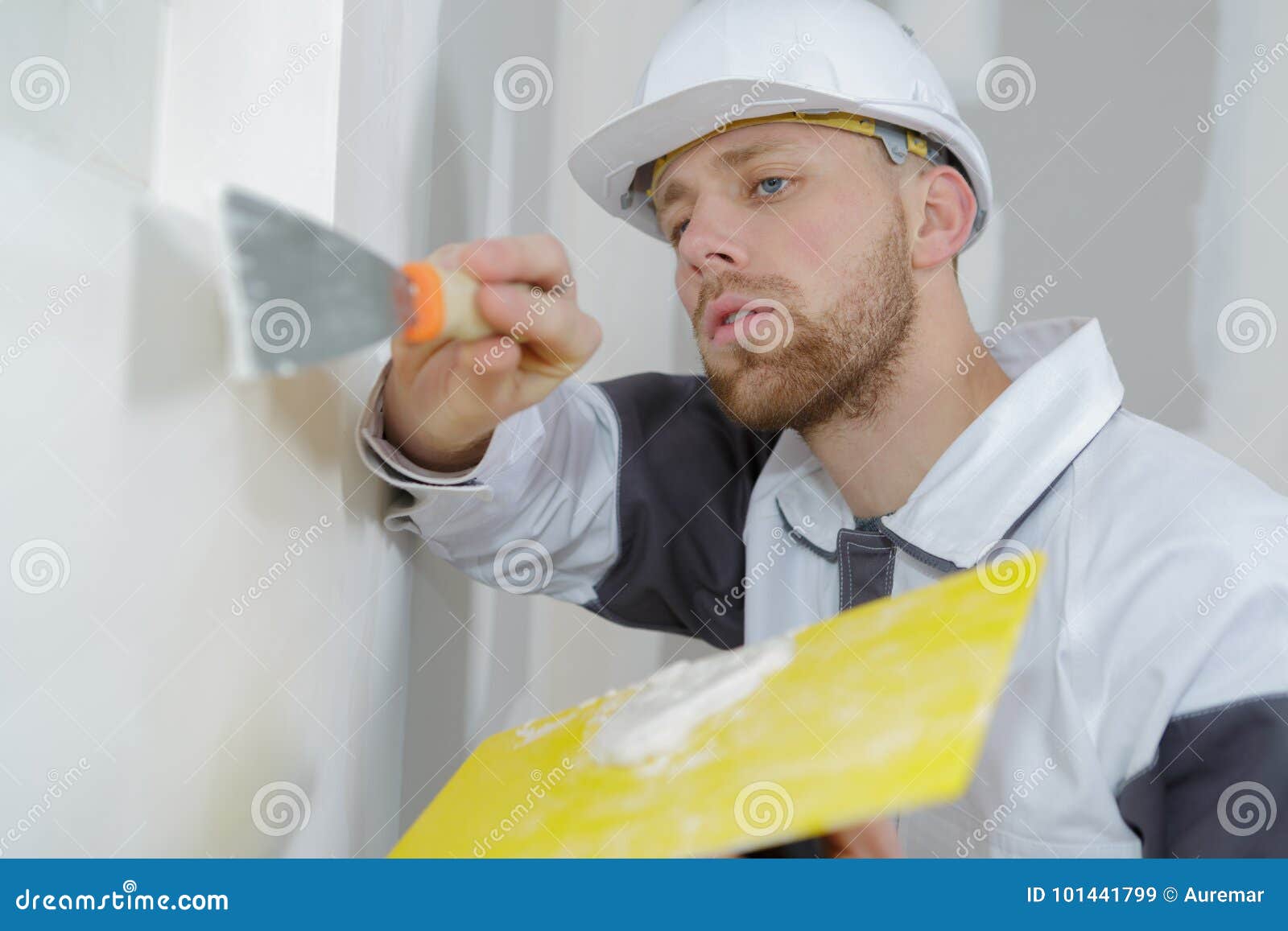 Closeup Plasterer Working on Wall Stock Image - Image of room ...