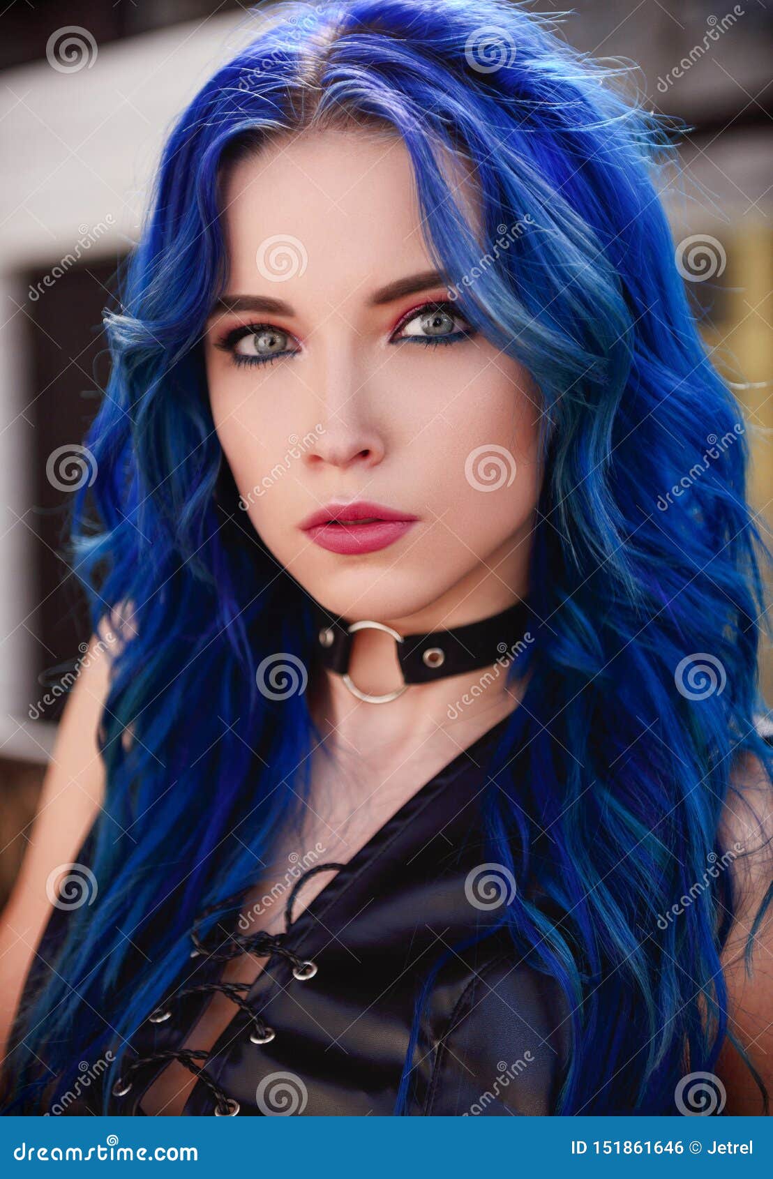 Closeup Portrait Of Beautiful Young Girl Informal Model With Blue Hair