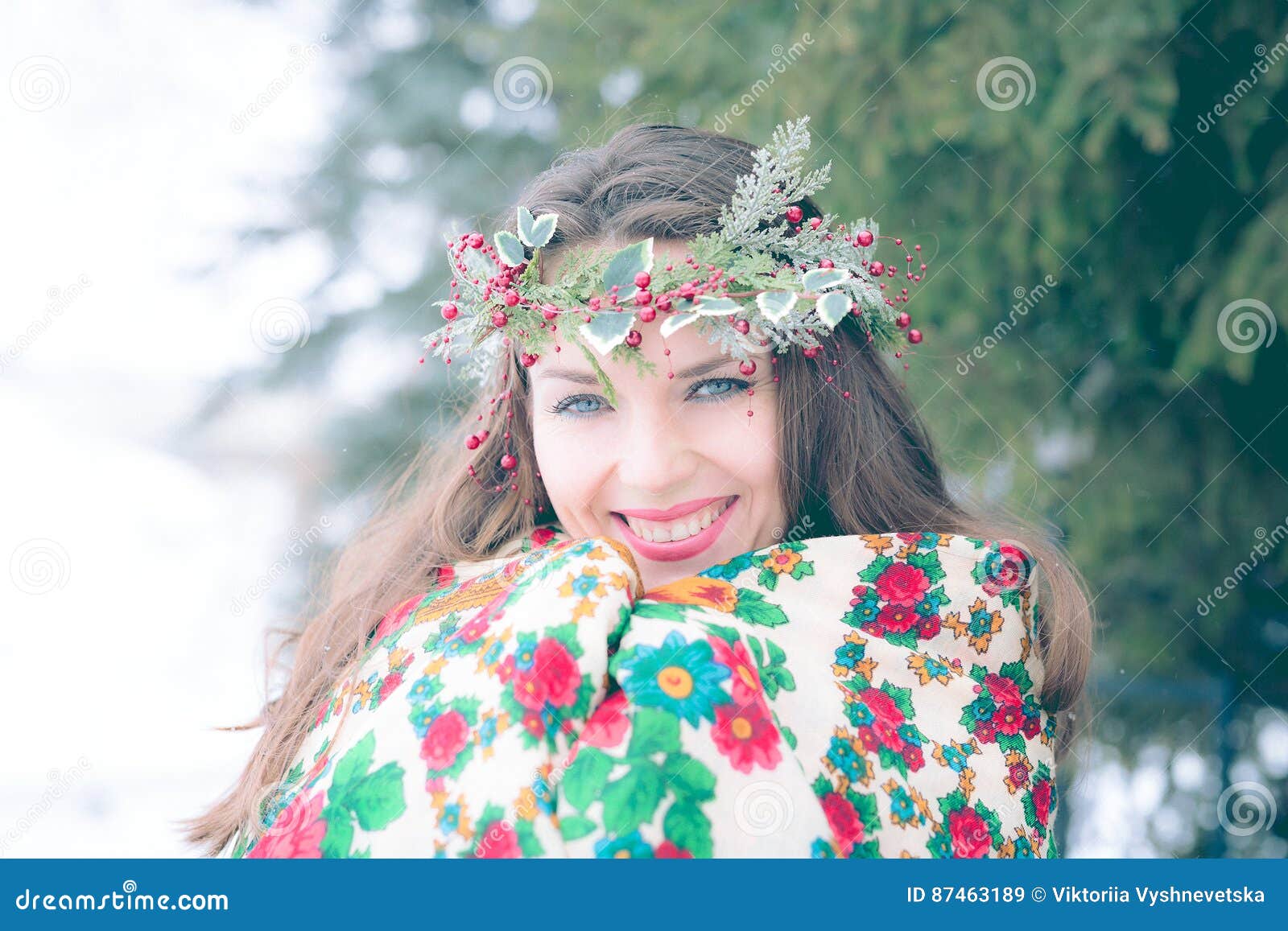 Closeup Portrait Of Beautiful Young Girl With A Traditional Russian Or