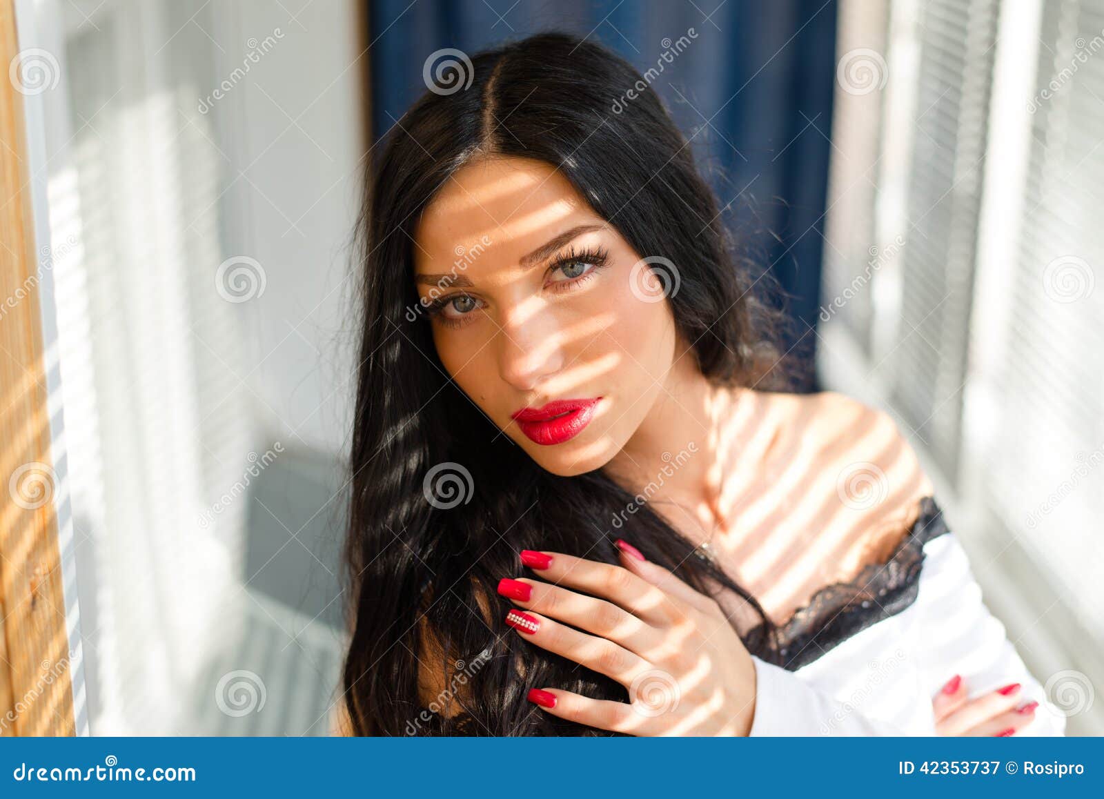 Closeup Portrait On Blue Eyes Brunette Girl Beautiful Young Woman With