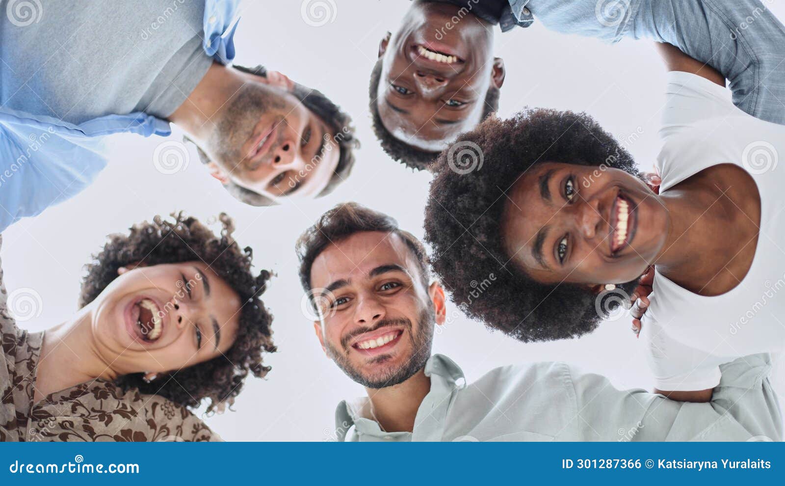 Closeup Portrait, Bottom View, Happy Faces of Different Team Employees ...