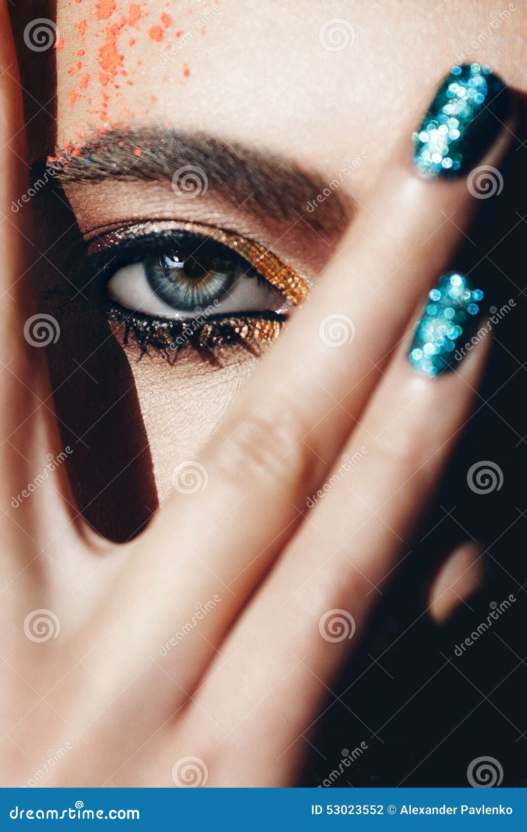 Closeup Portrait with Deep Blue Eye, Creative Makeup and Hand Stock ...