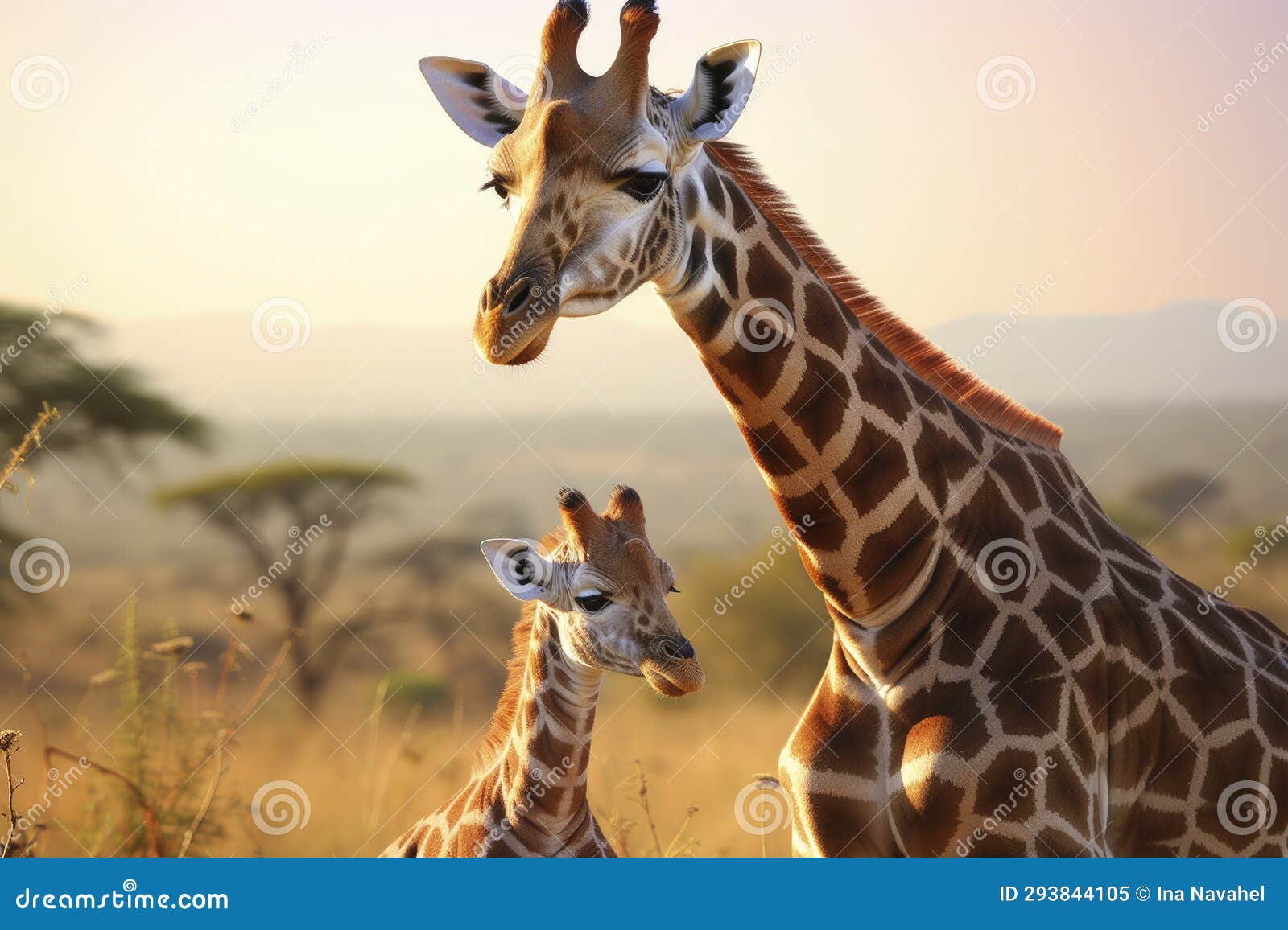 Closeup Portrait Giraffe and Child Giraffe on Blue Sky Background ...