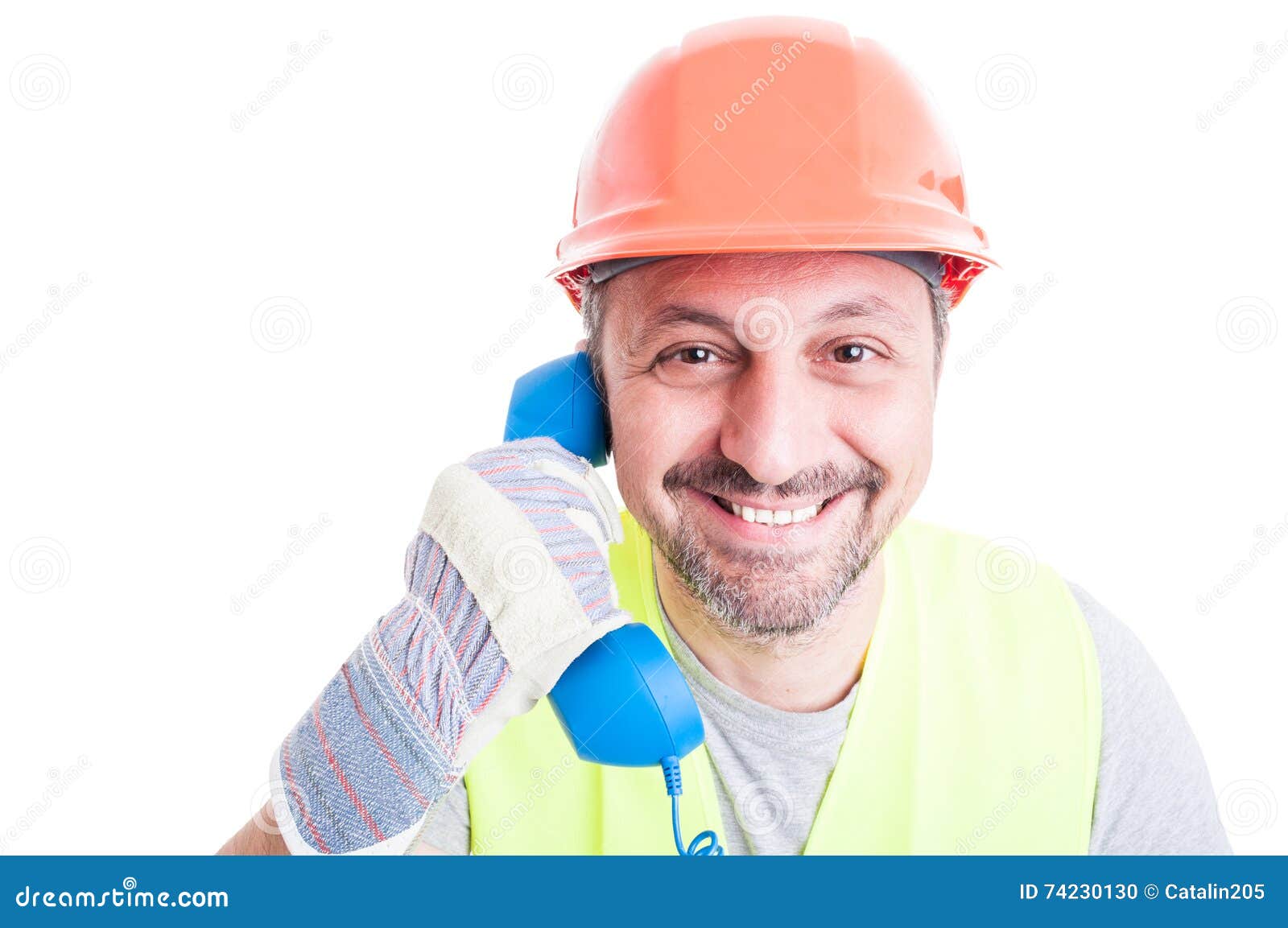 Closeup Portrait of Handsome Builder Talking on Telephone Stock Photo ...