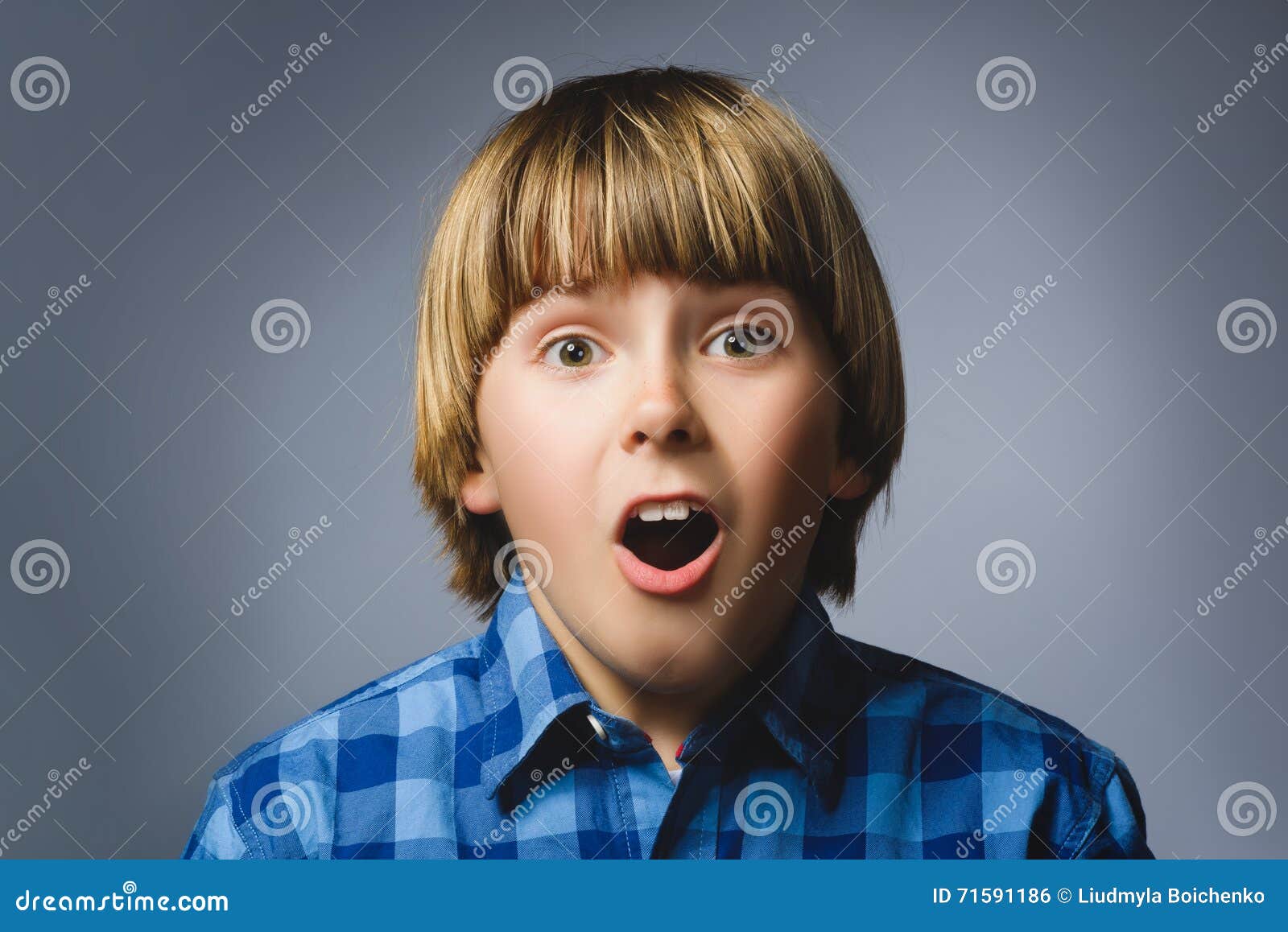 Closeup Portrait of Happy Boy Going Surprise on Gray Background Stock ...