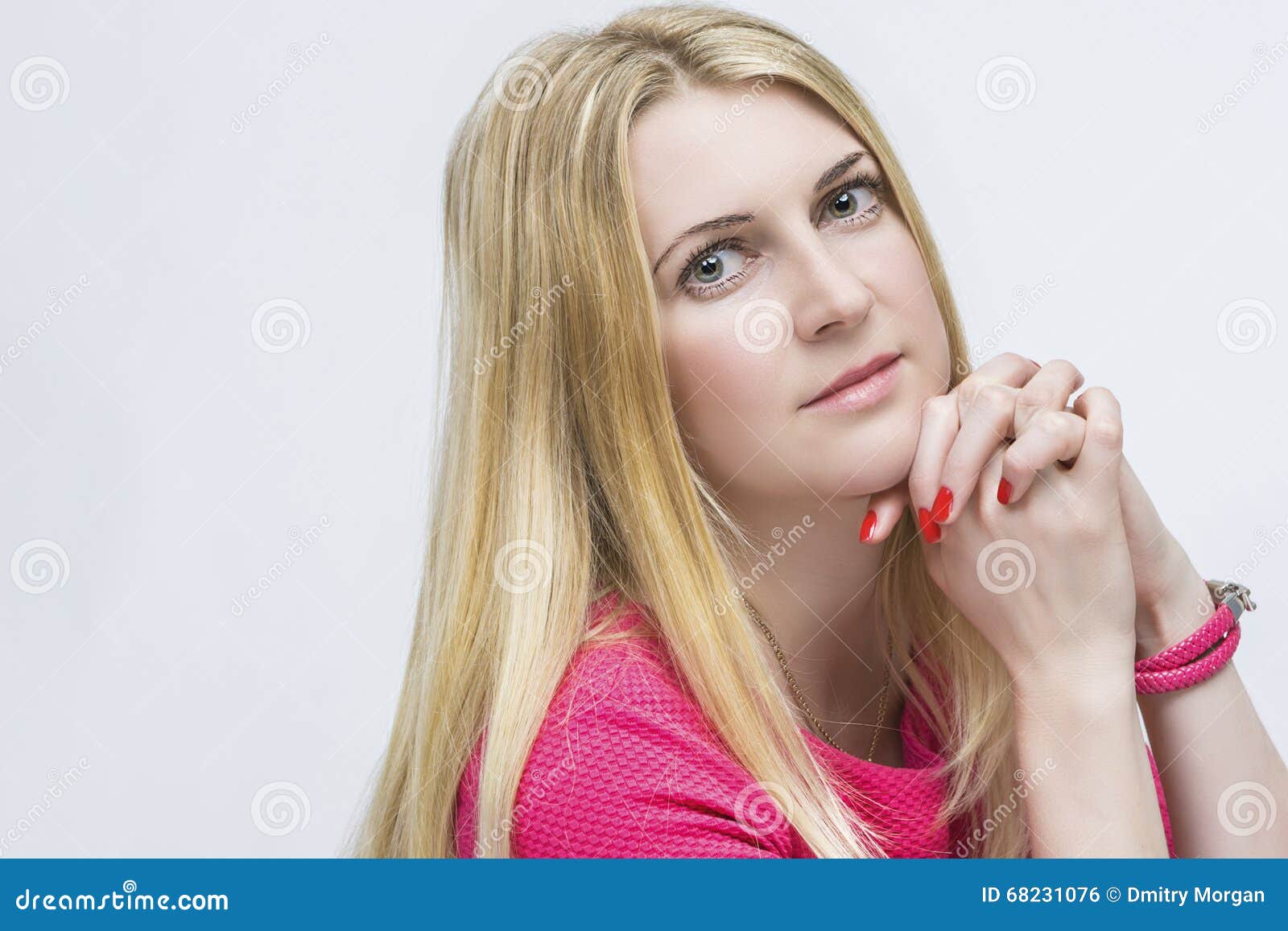 Closeup Portrait Of Happy Caucasian Blond Female Posing On White Stock