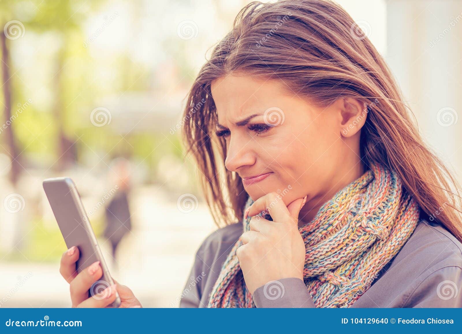 Closeup Portrait Sad Skeptical Unhappy Woman Texting On Phone