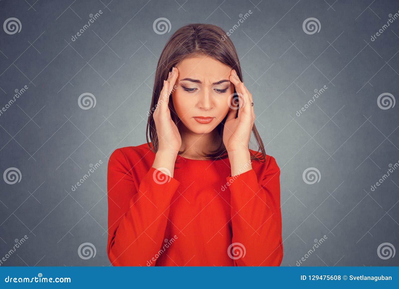 Sad Woman With Worried Stressed Face Expression Looking Down Stock
