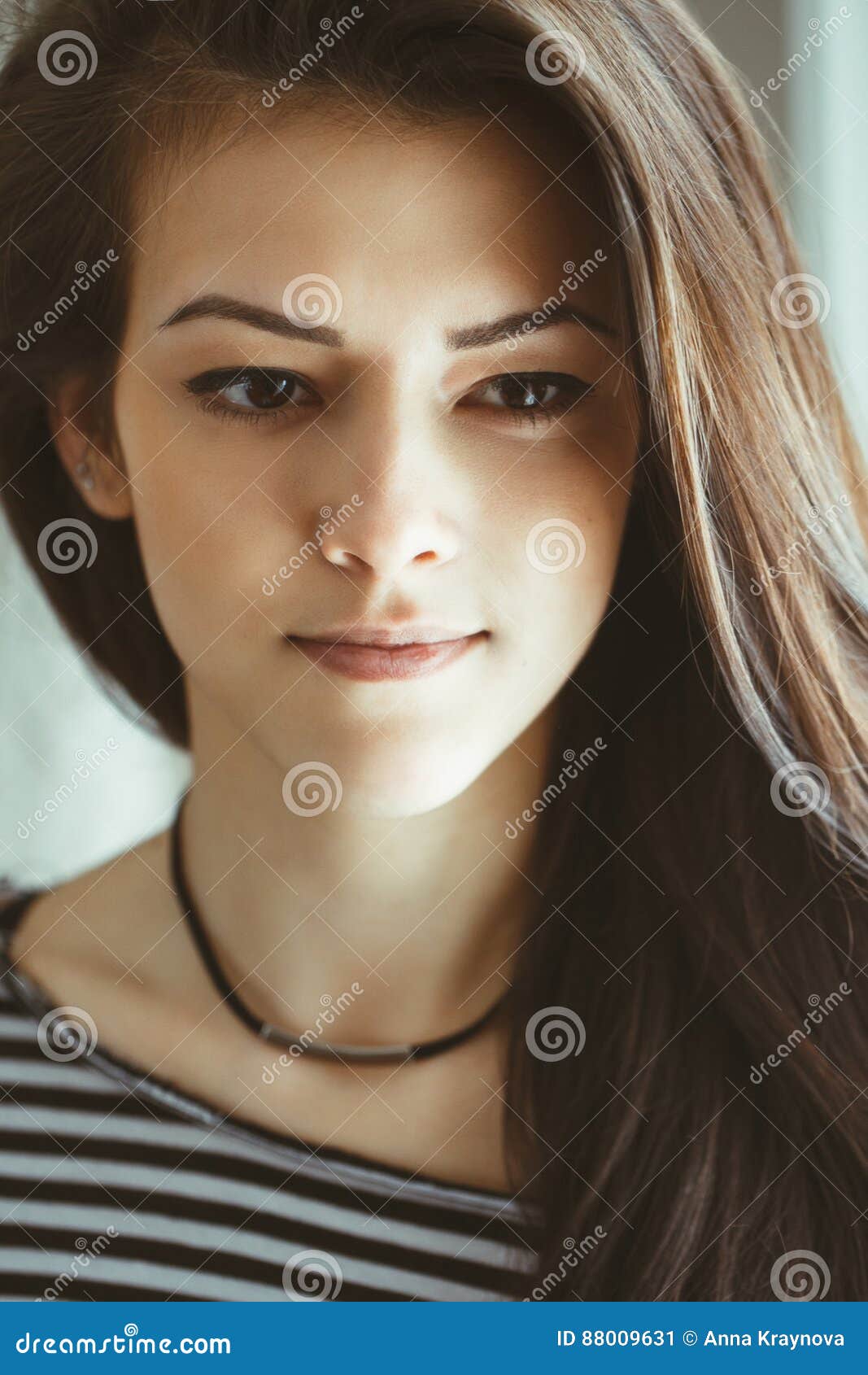 Smiling Caucasian Brunette Young Beautiful Woman Model With Long Hair