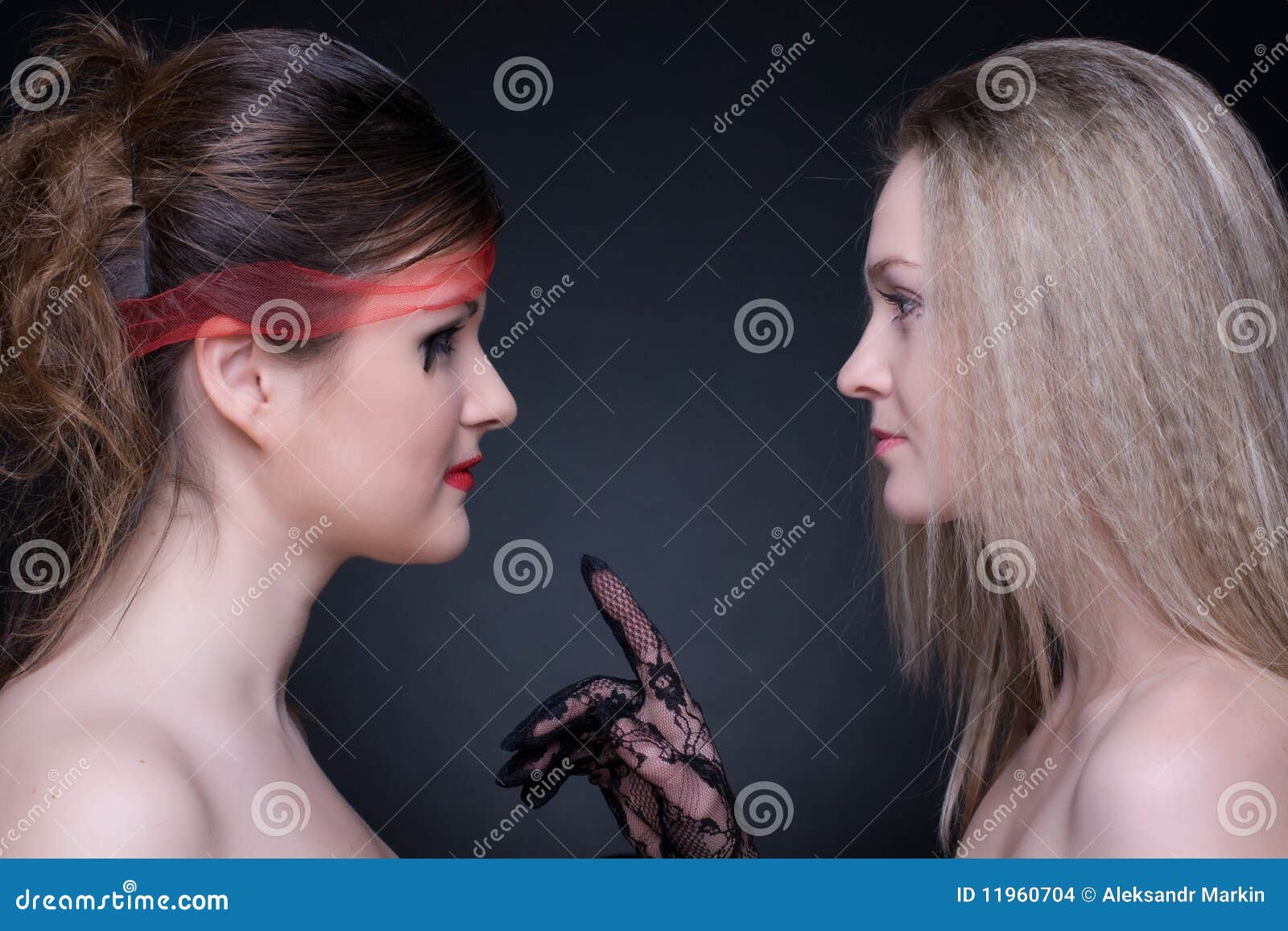 Closeup Portrait of Two Girls: Good & Evil Stock Photo - Image of blond ...