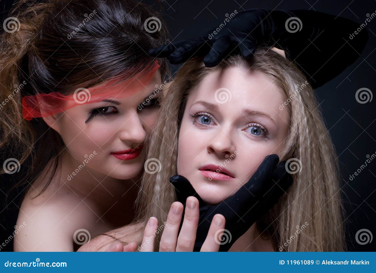 Closeup Portrait of Two Girls: Good & Evil Stock Image - Image of lips ...
