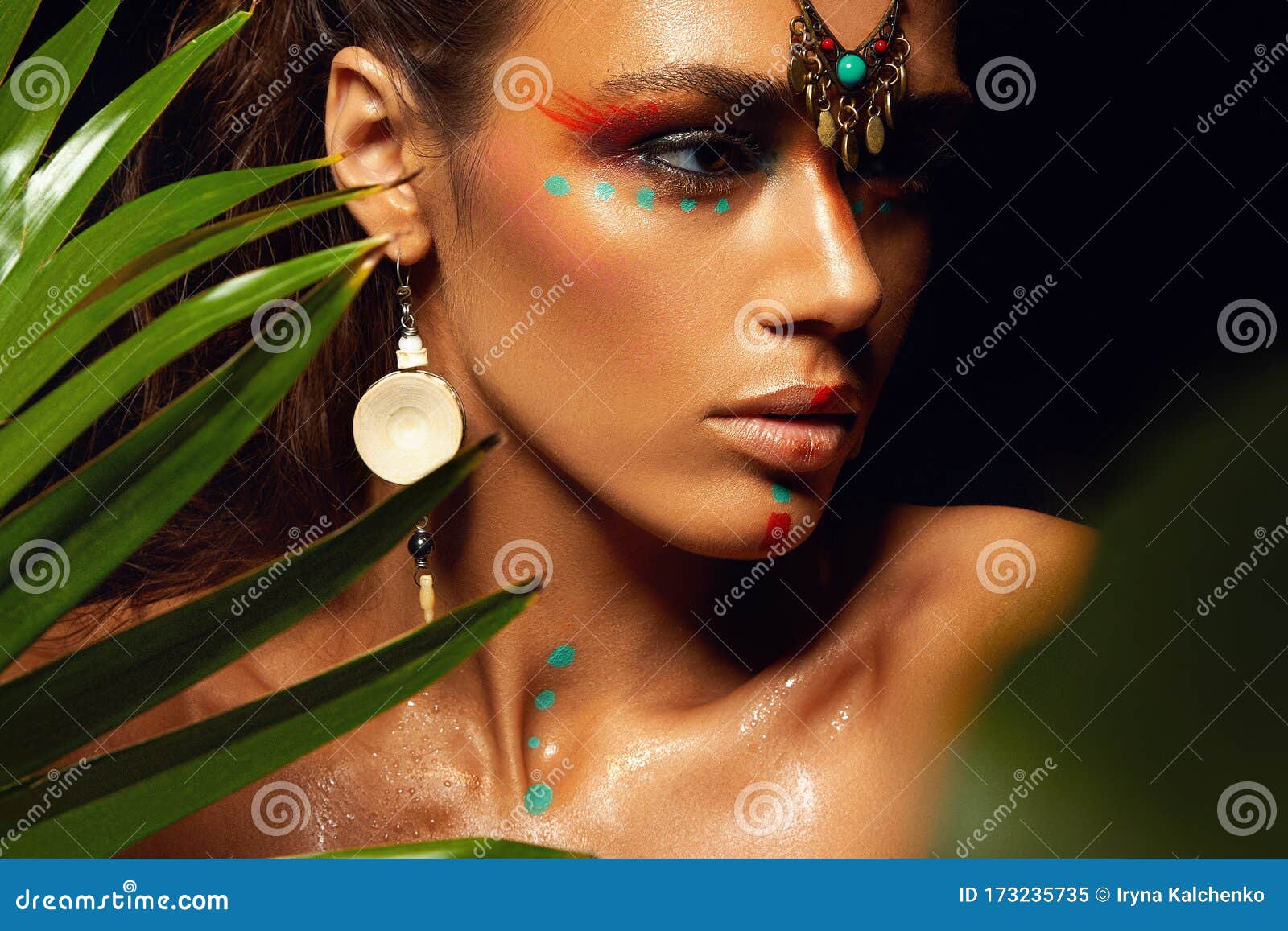 Closeup Portrait Of Woman Tanned Skin Colored Makeup Tropical Jungle