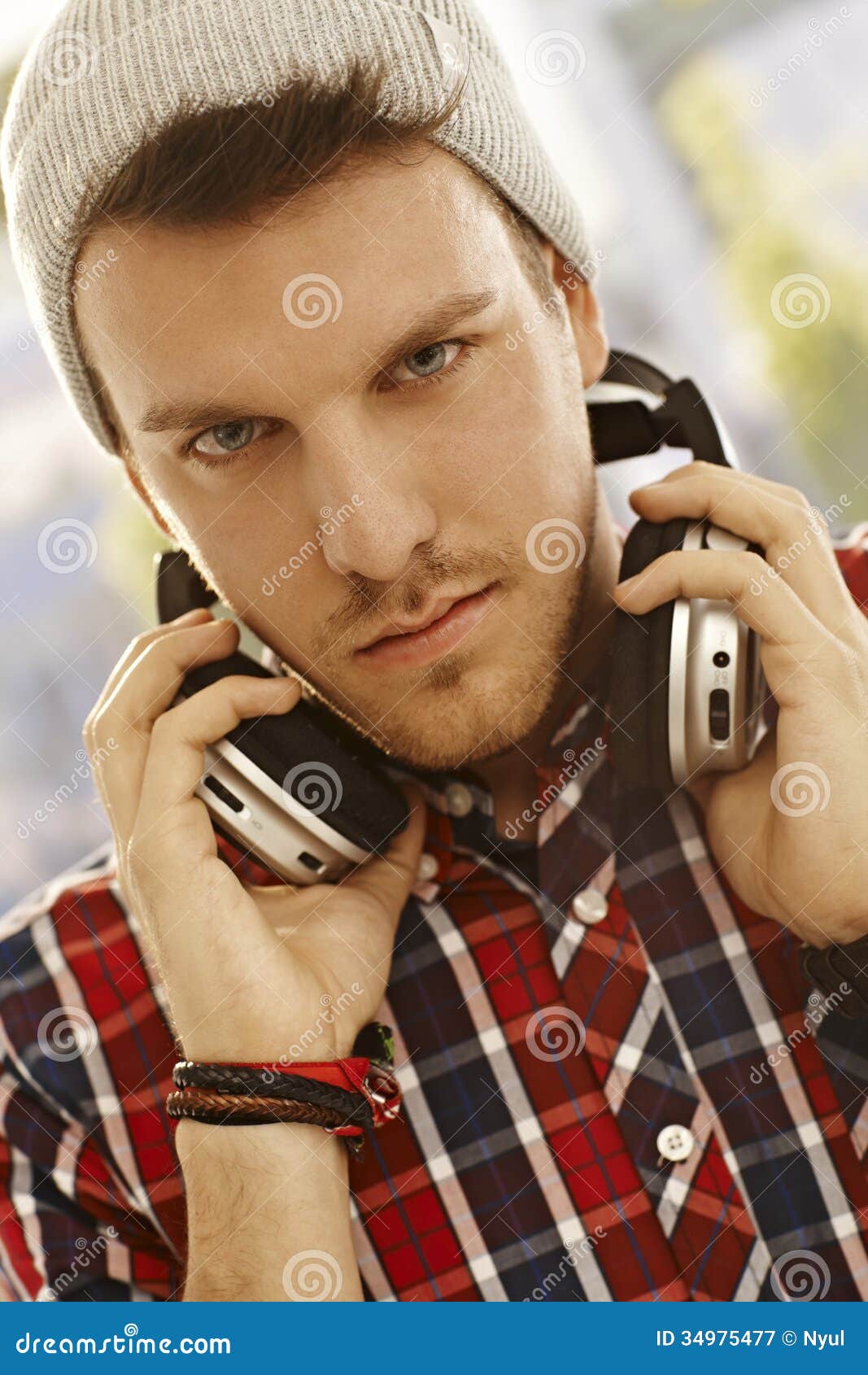 Closeup Portrait of Young Man with Headphones Stock Image - Image of ...