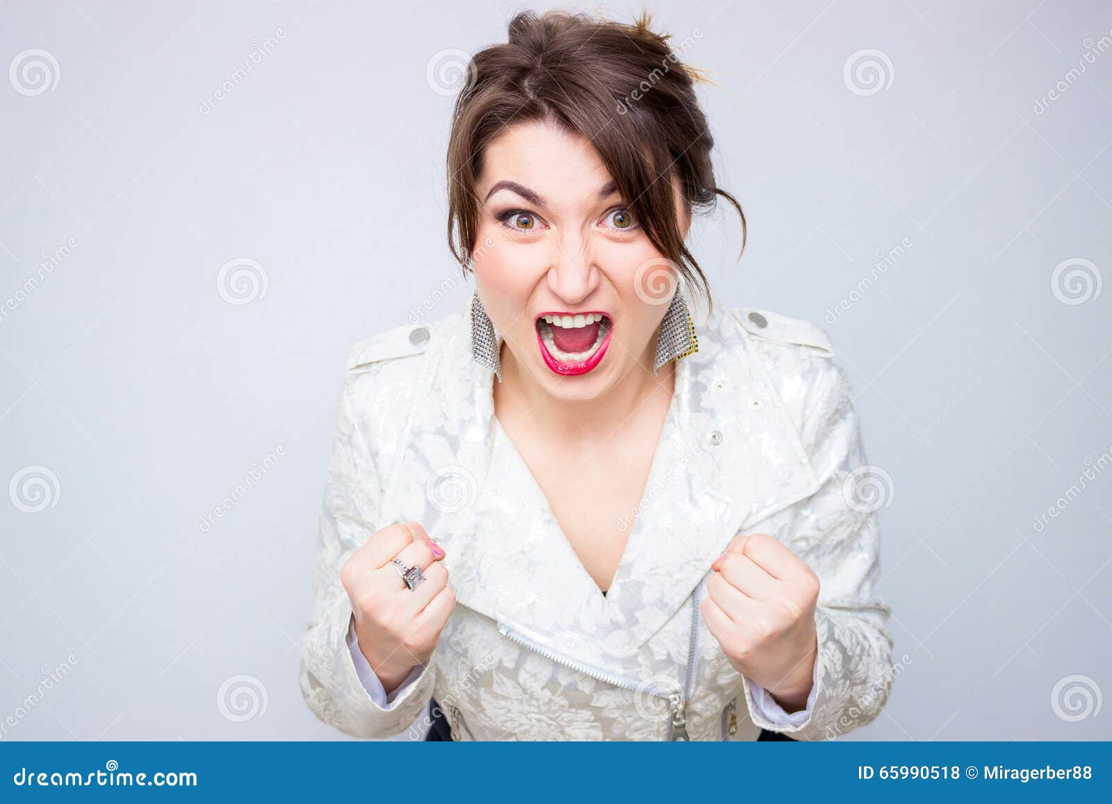 Closeup Pose of an Angry Woman Screaming in the White Elegant Jacket ...