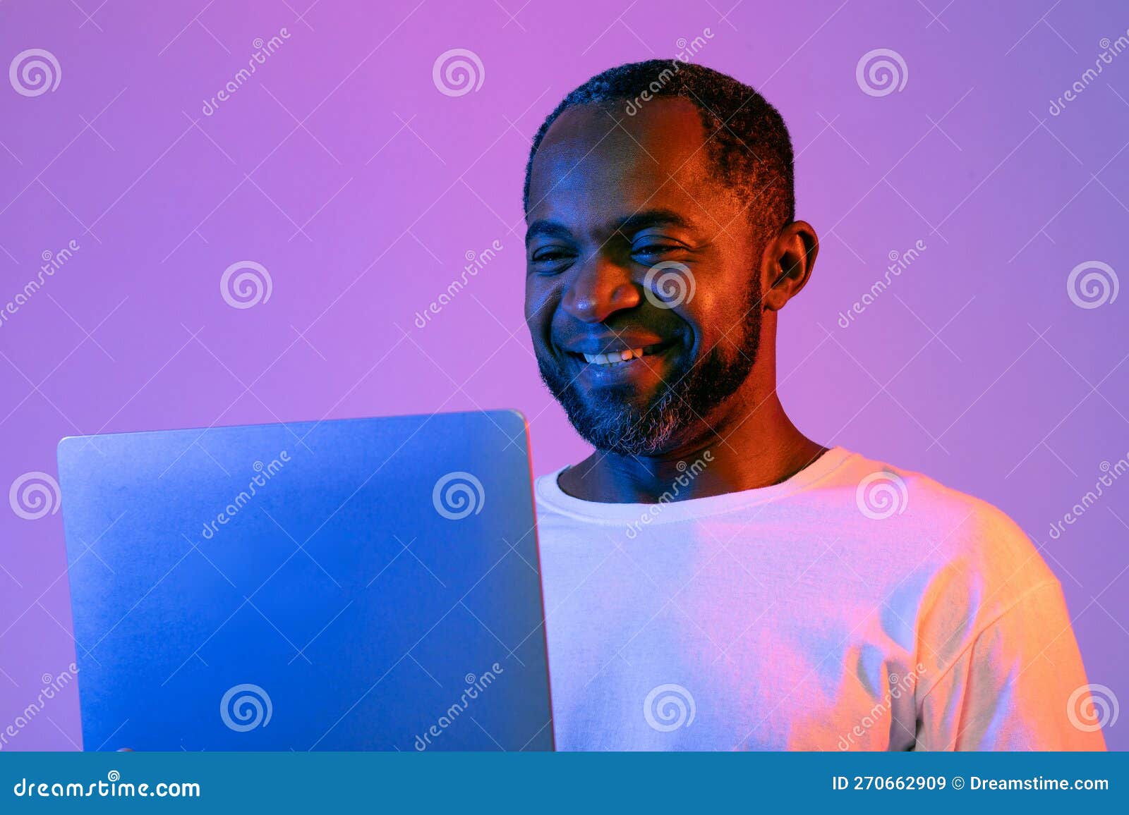 Closeup of Positive Black Man Using Laptop, Copy Space Stock Image ...