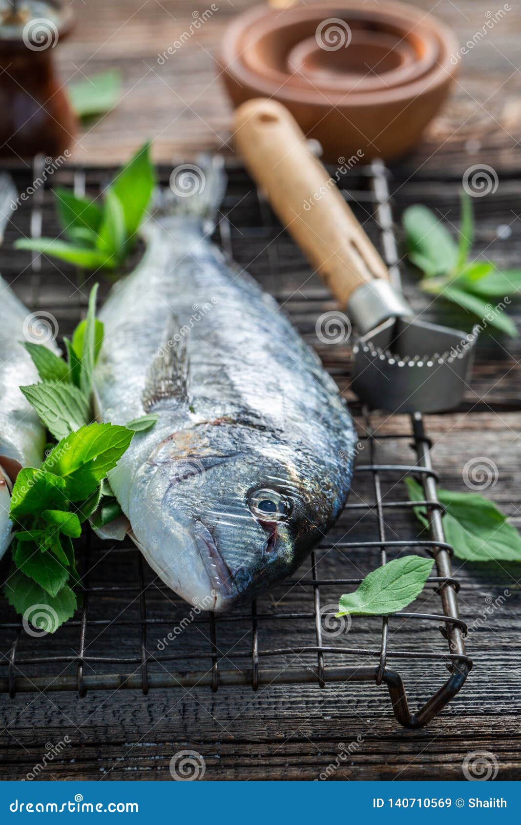 Preparing Whole Sea Bream with Salt and Herbs Stock Image - Image of ...