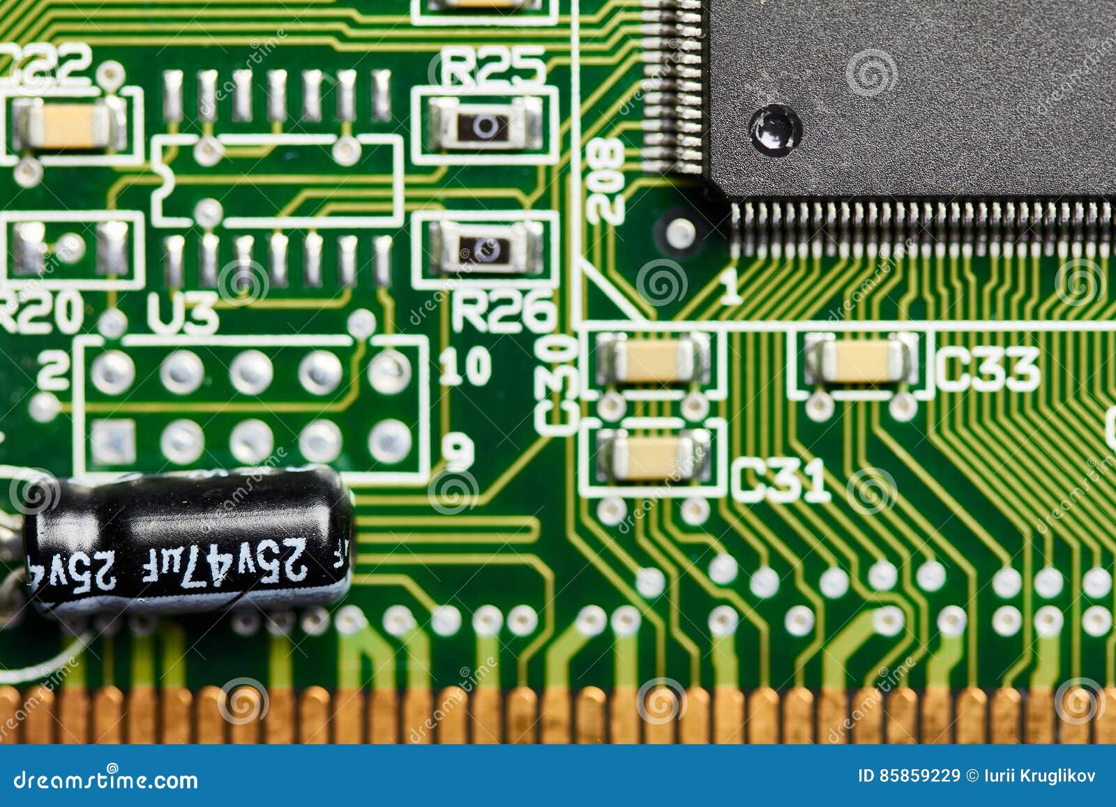 Closeup of Printed Circuit Board with Microchip, Capacitor and Other ...