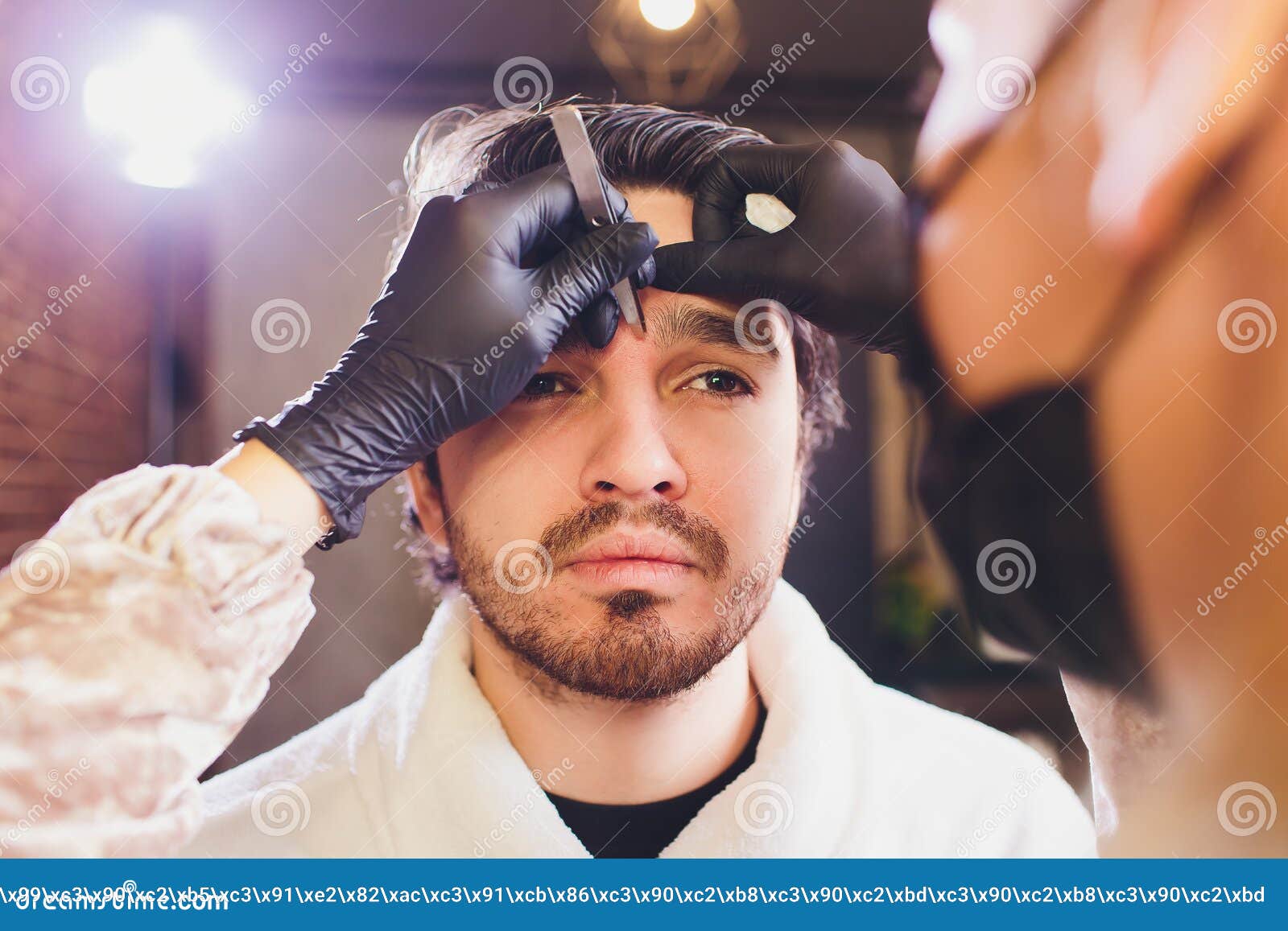 Closeup of Process of Threading Procedure in Barber Shop. Professional ...