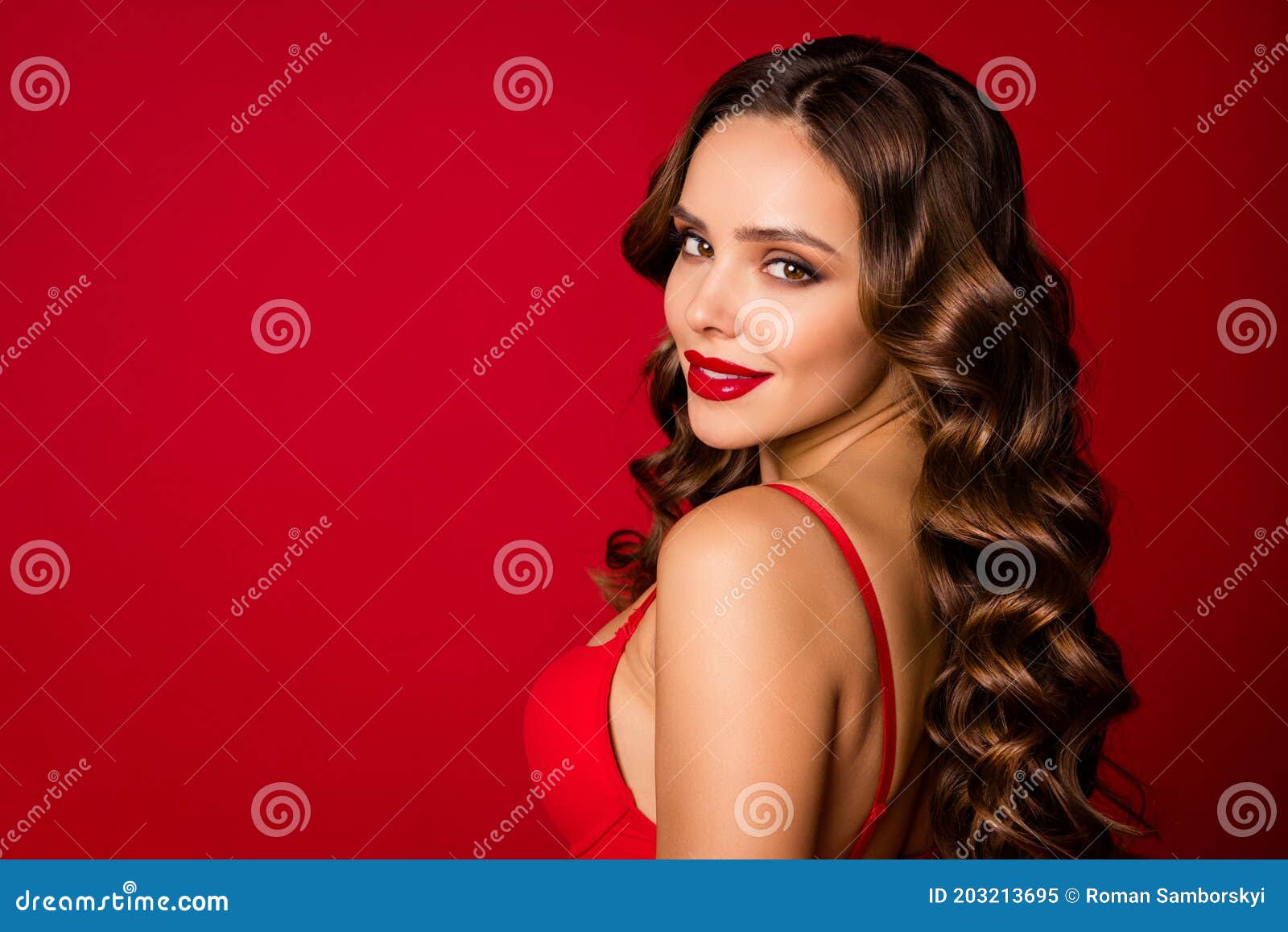 Closeup Profile Photo Of Attractive Seduce Perfect Beauty Curly Lady