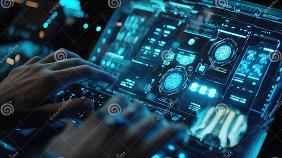 Closeup on a Programmers Hands Typing Commands into a Laptop Connected ...