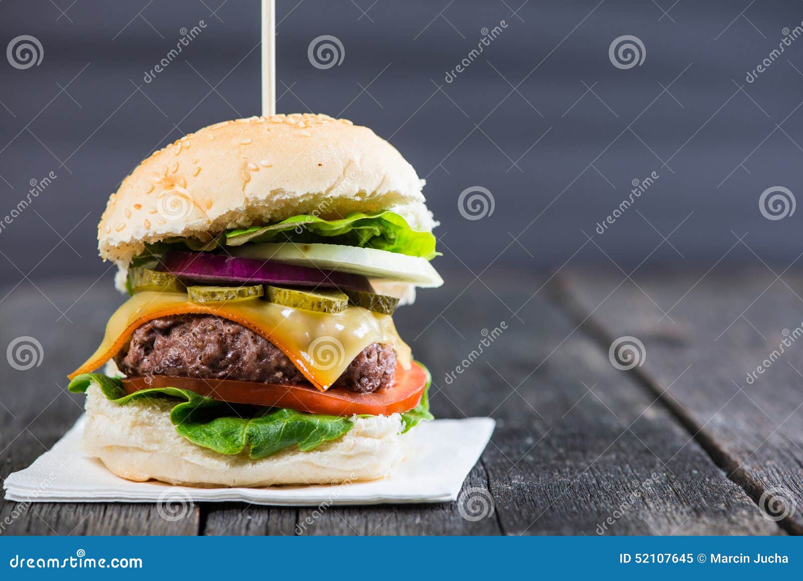 Closeup Pub Style Burger on Table Stock Image - Image of meal ...
